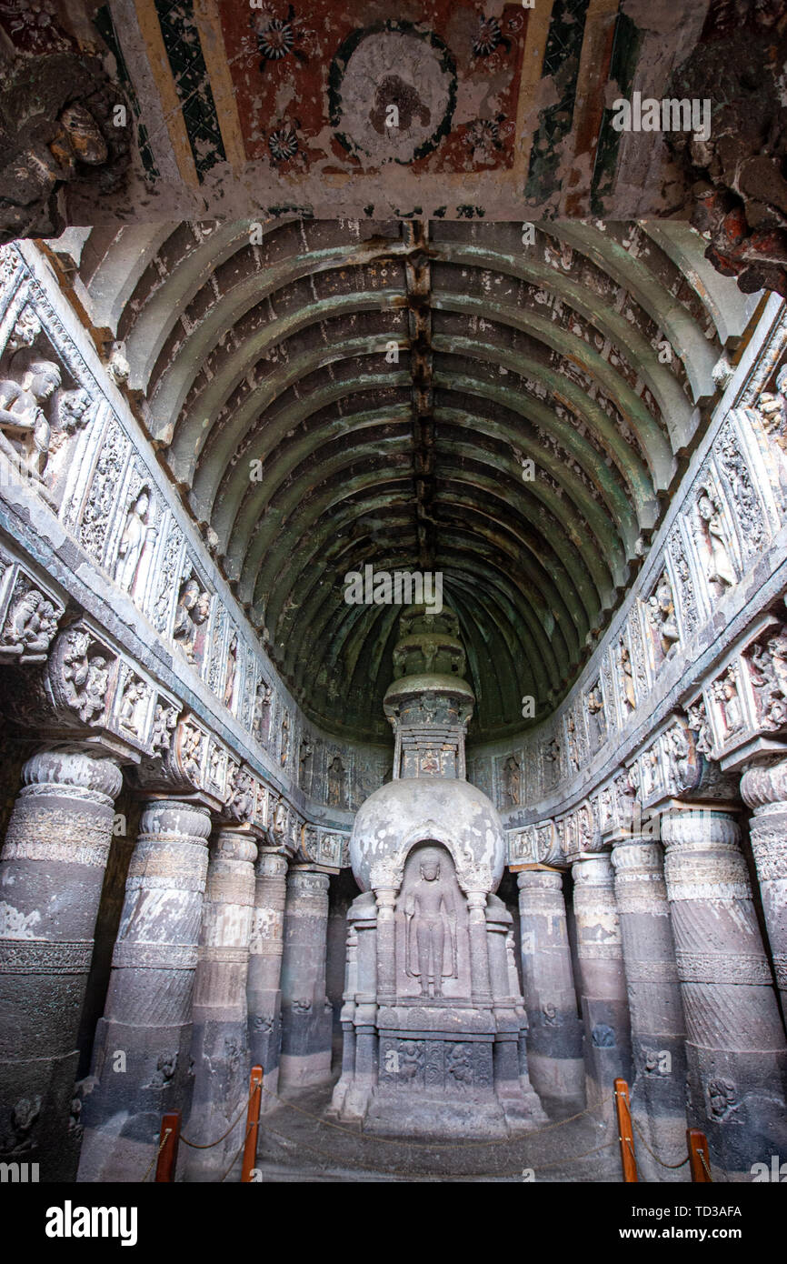 Stupa carved with a standing lord Buddha image, Cave 19 (5th century CE ...