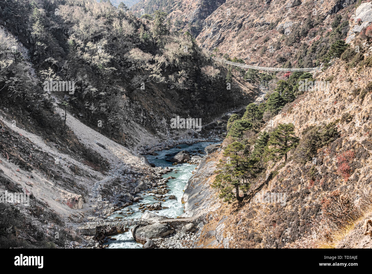 Crossing the bridge above Imja Khola river on Everest Base Camp trek ...