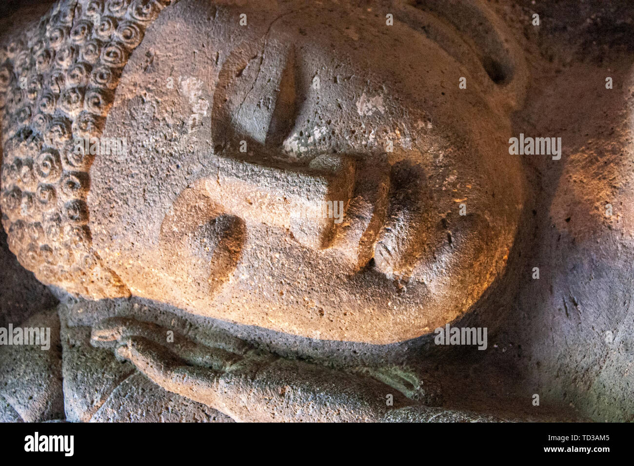 Head Mahaparinirvana of Buddha (reclining Buddha) on the wall of Cave ...