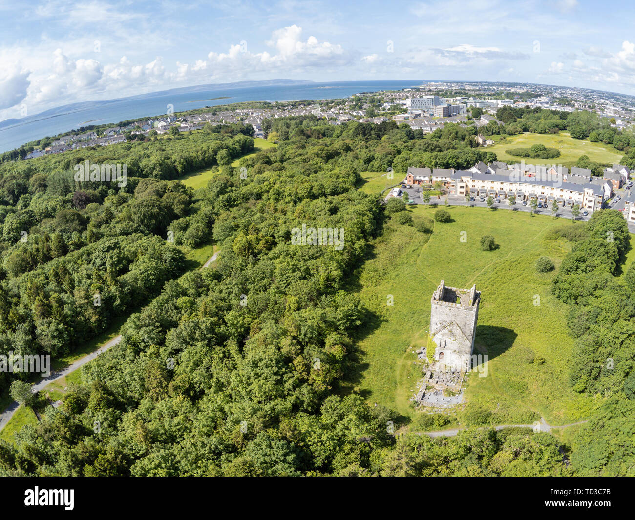 Aerial view of Merlin Castle ruins in Merlin Park with city in ...