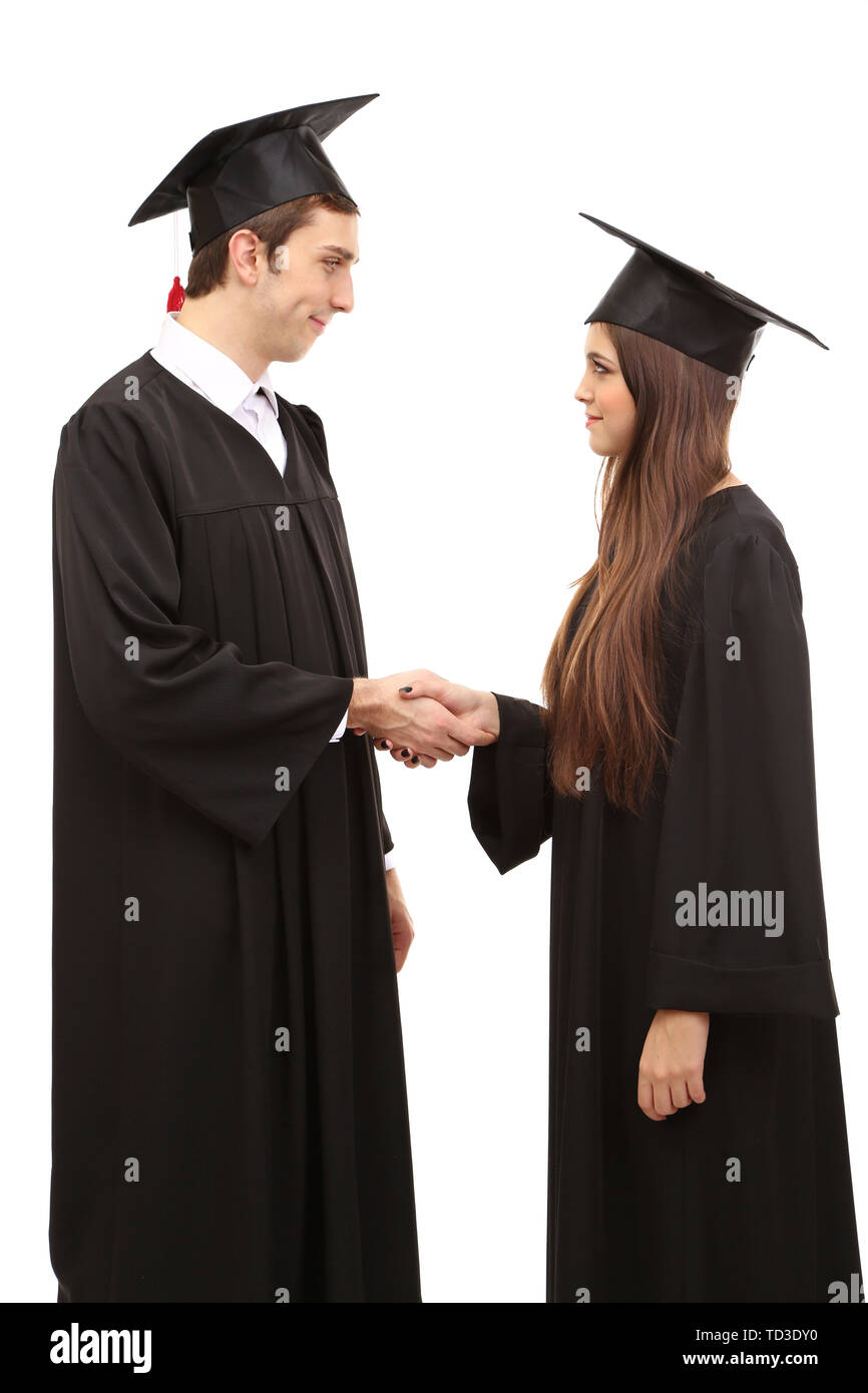 Two happy graduating students isolated on white Stock Photo - Alamy