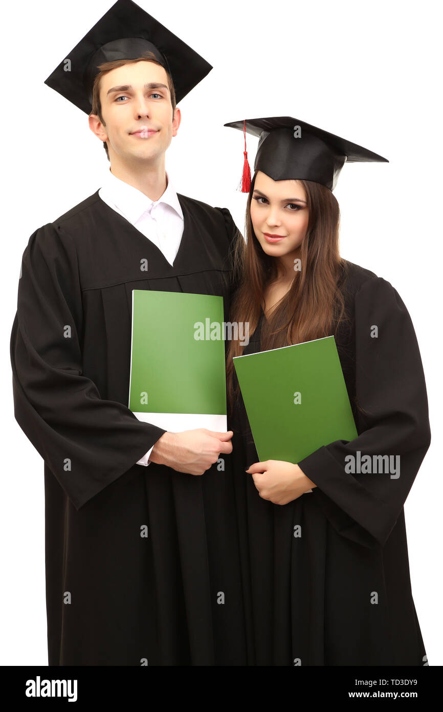 Two happy graduating students holding graduation certificate isolated ...