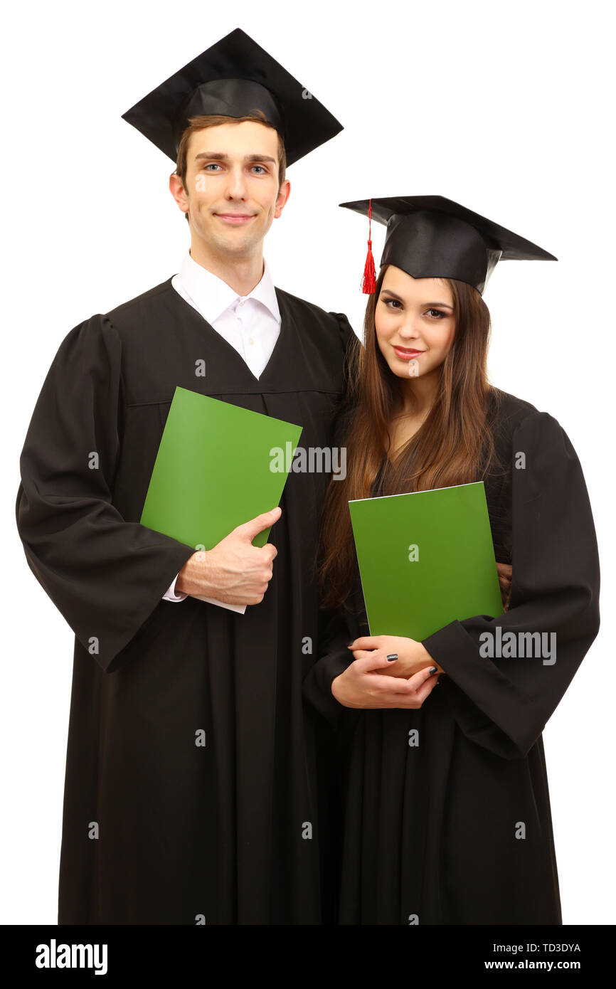 Two happy graduating students holding graduation certificate isolated ...