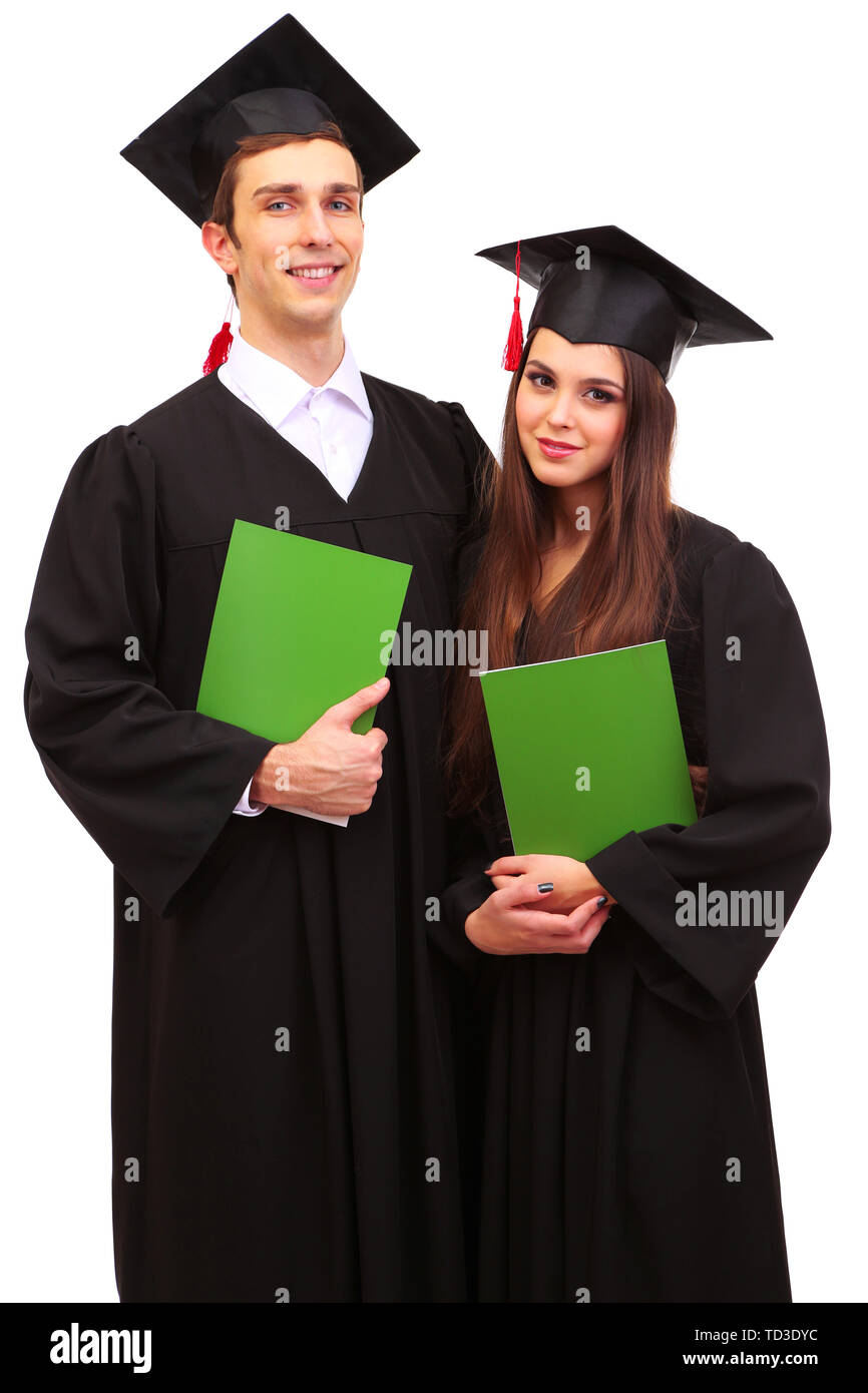 Two happy graduating students holding graduation certificate isolated ...