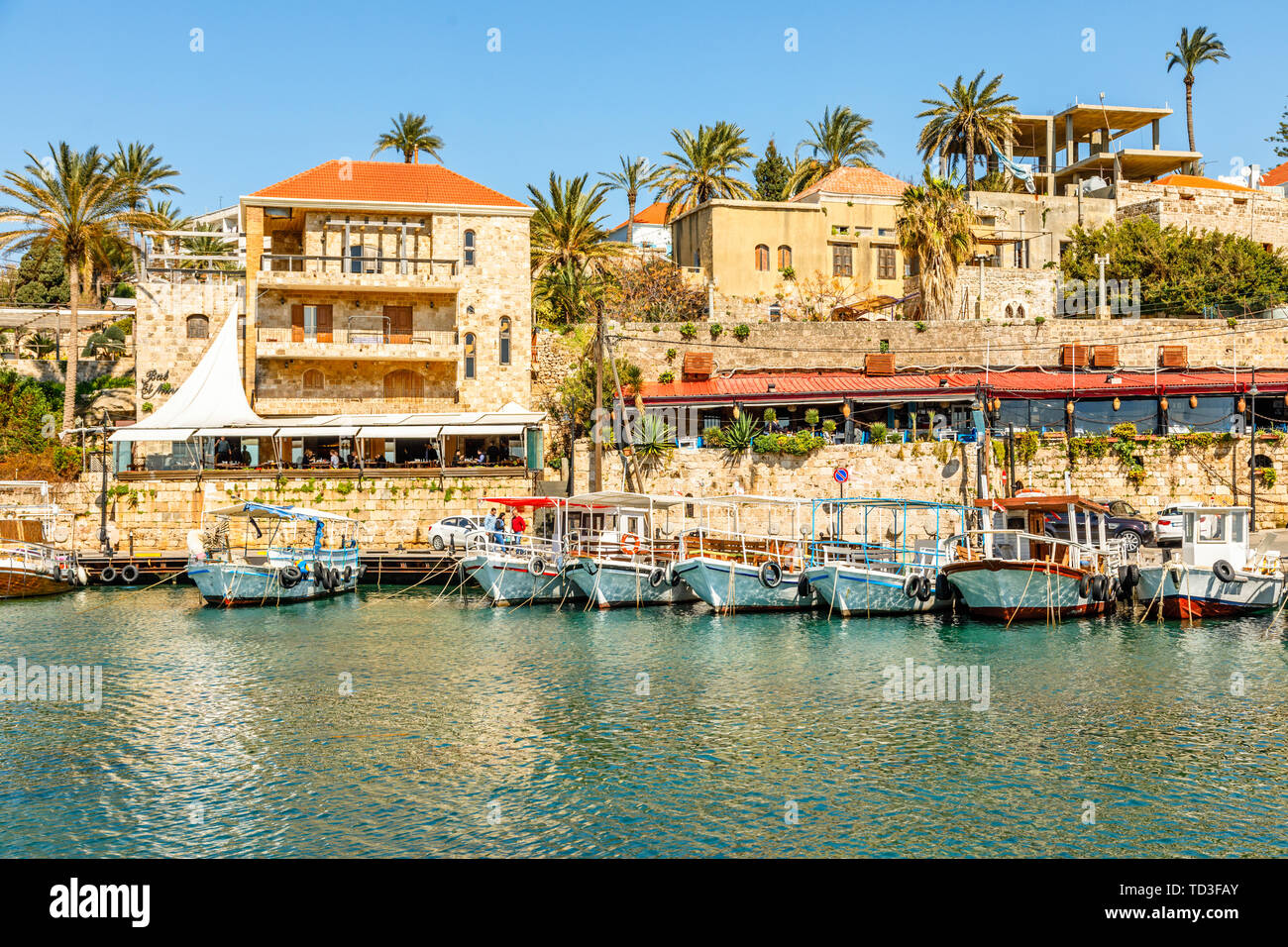 Mediterranean port lagoon with anchored fishing boats, Biblos, Lebanon ...
