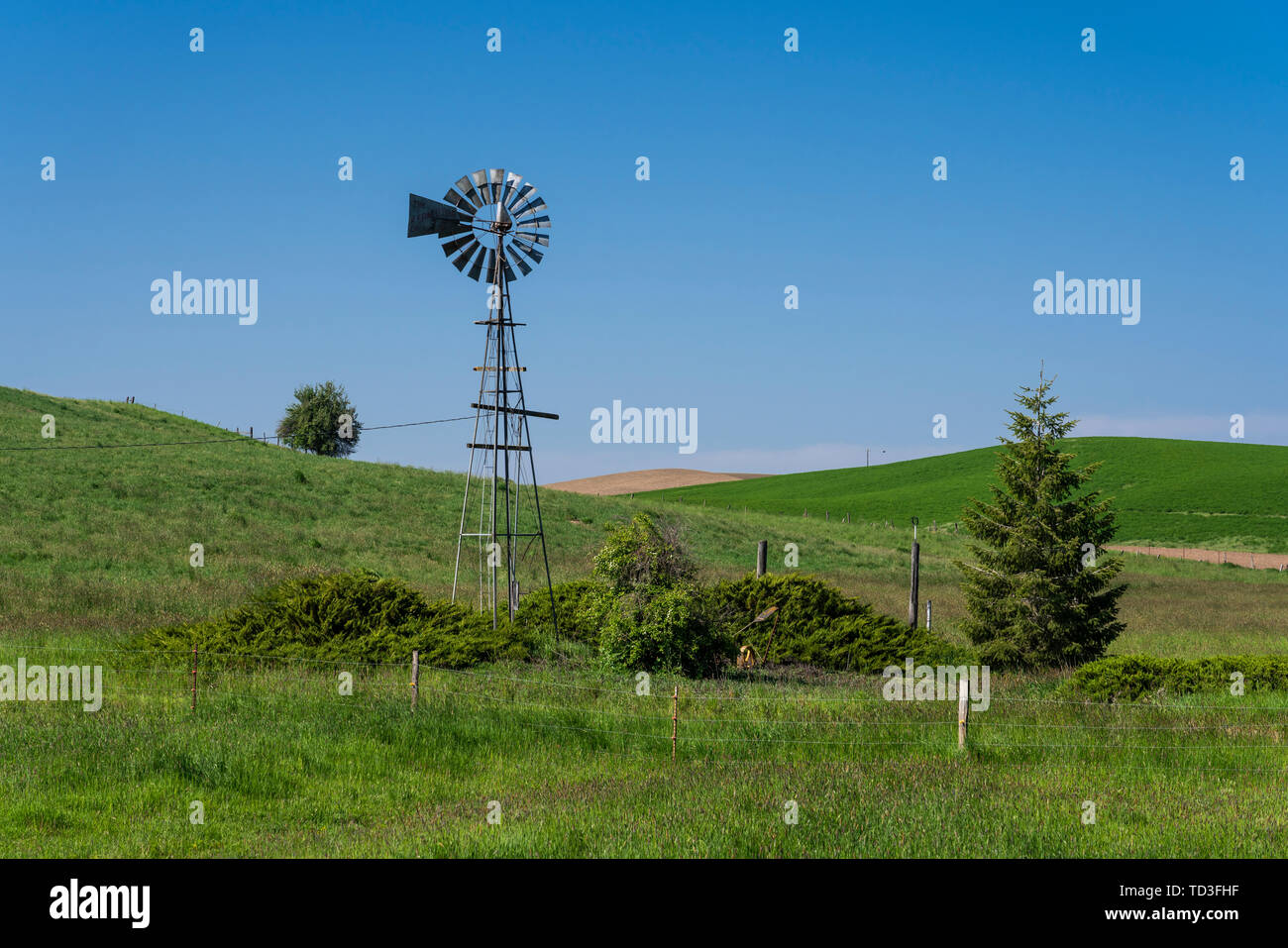 A windmill in the rolling hills of the Palouse, Washington, USA Stock ...