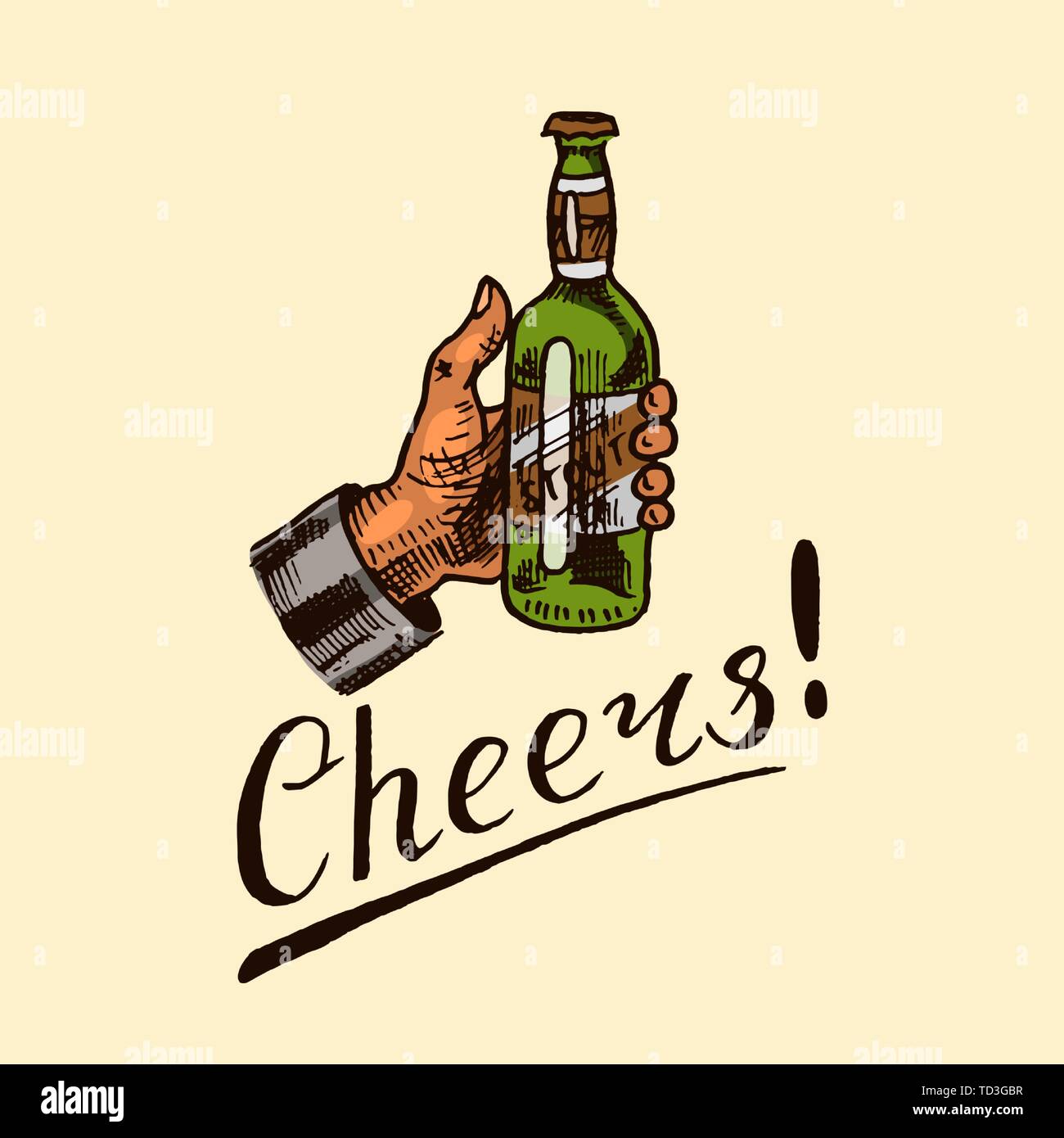 Bottle of beer in hand with the inscription Cheers toast. Template ...