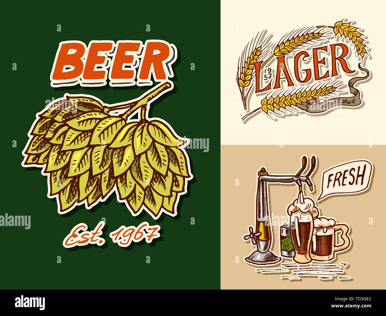 Vintage beer badge. Green Hops, Rye and wheat, Keg and crane. Label ...