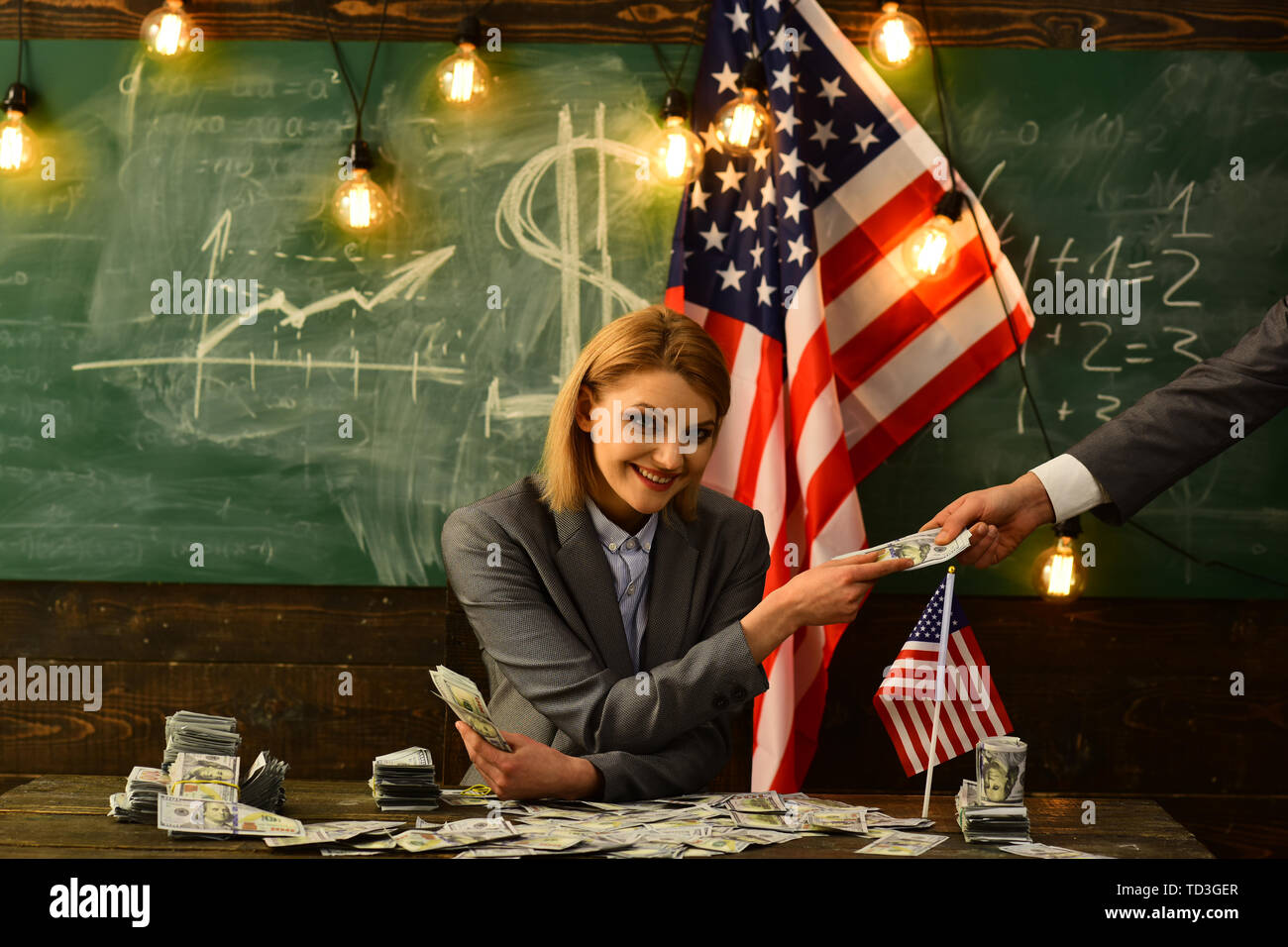 Corruption. Corruption concept with woman giving money to man Stock ...