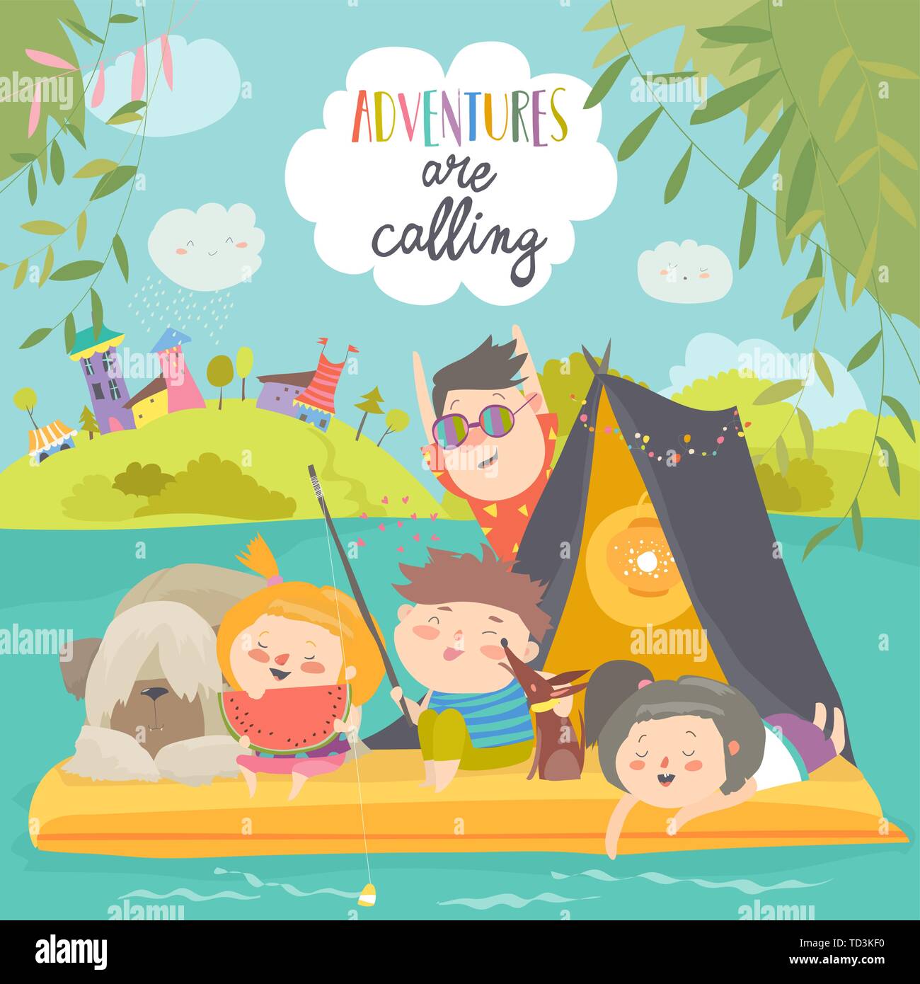 Happy kids riding on the raft on the lake. Little friends floating in a ...