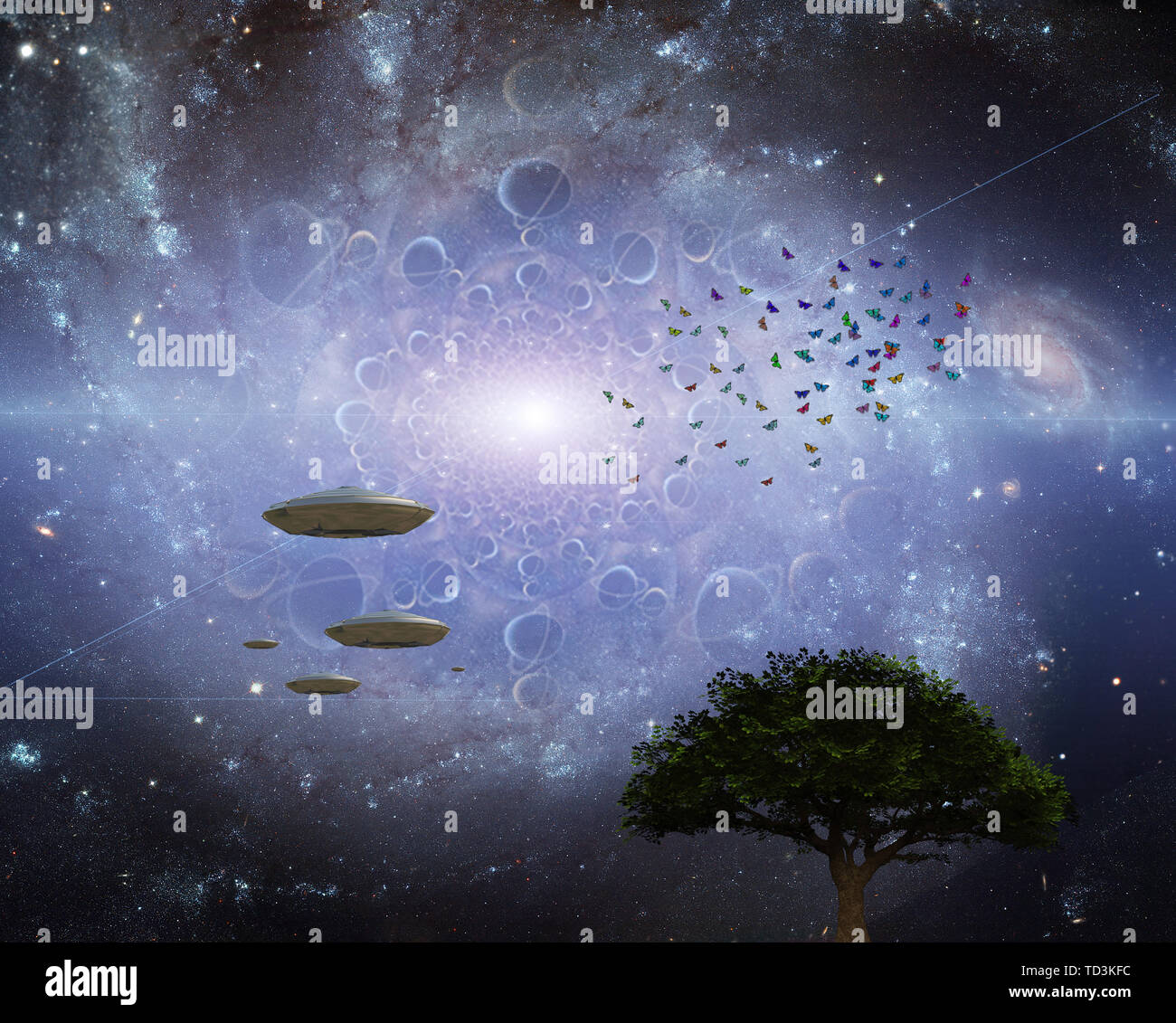 Sci-fi composition. Space Travelers. UFOs and green tree of life ...