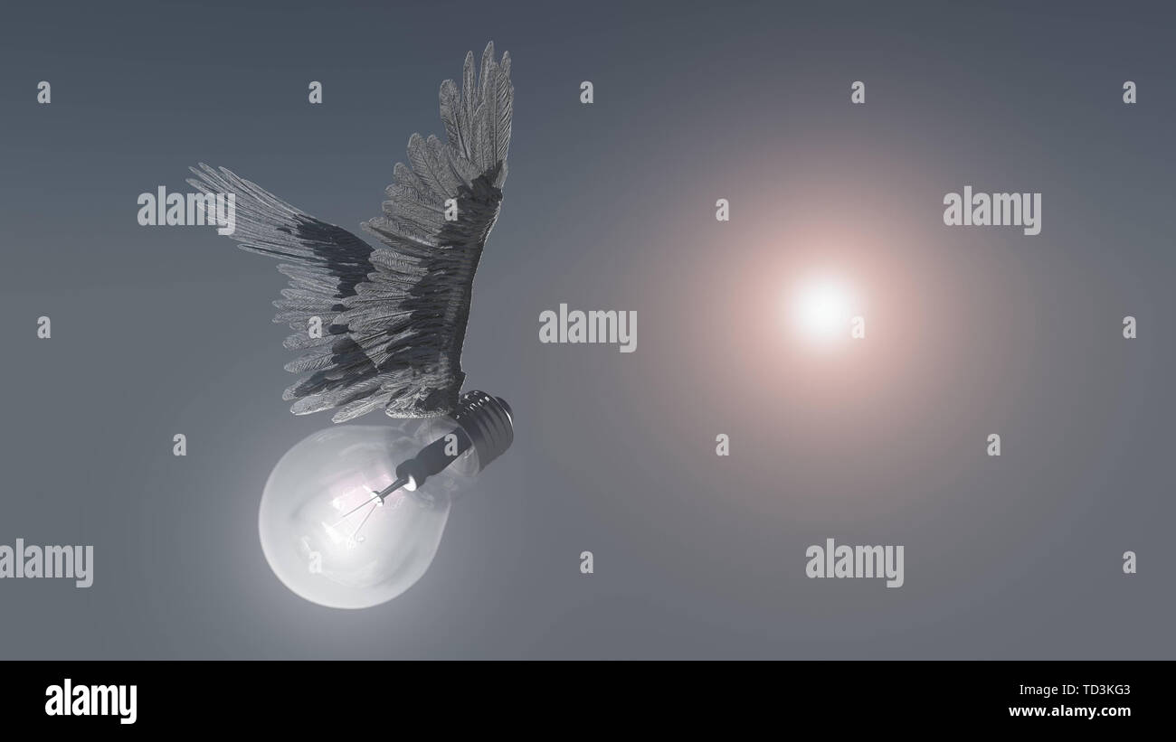 Winged idea. Winged light bulb in misty sky Stock Photo - Alamy