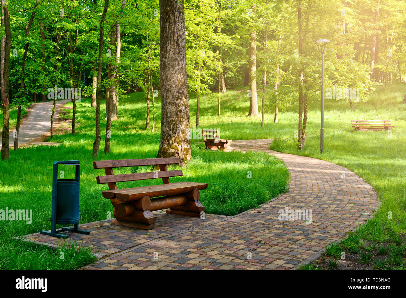 Empty wooden benches footpath bench hi-res stock photography and images ...