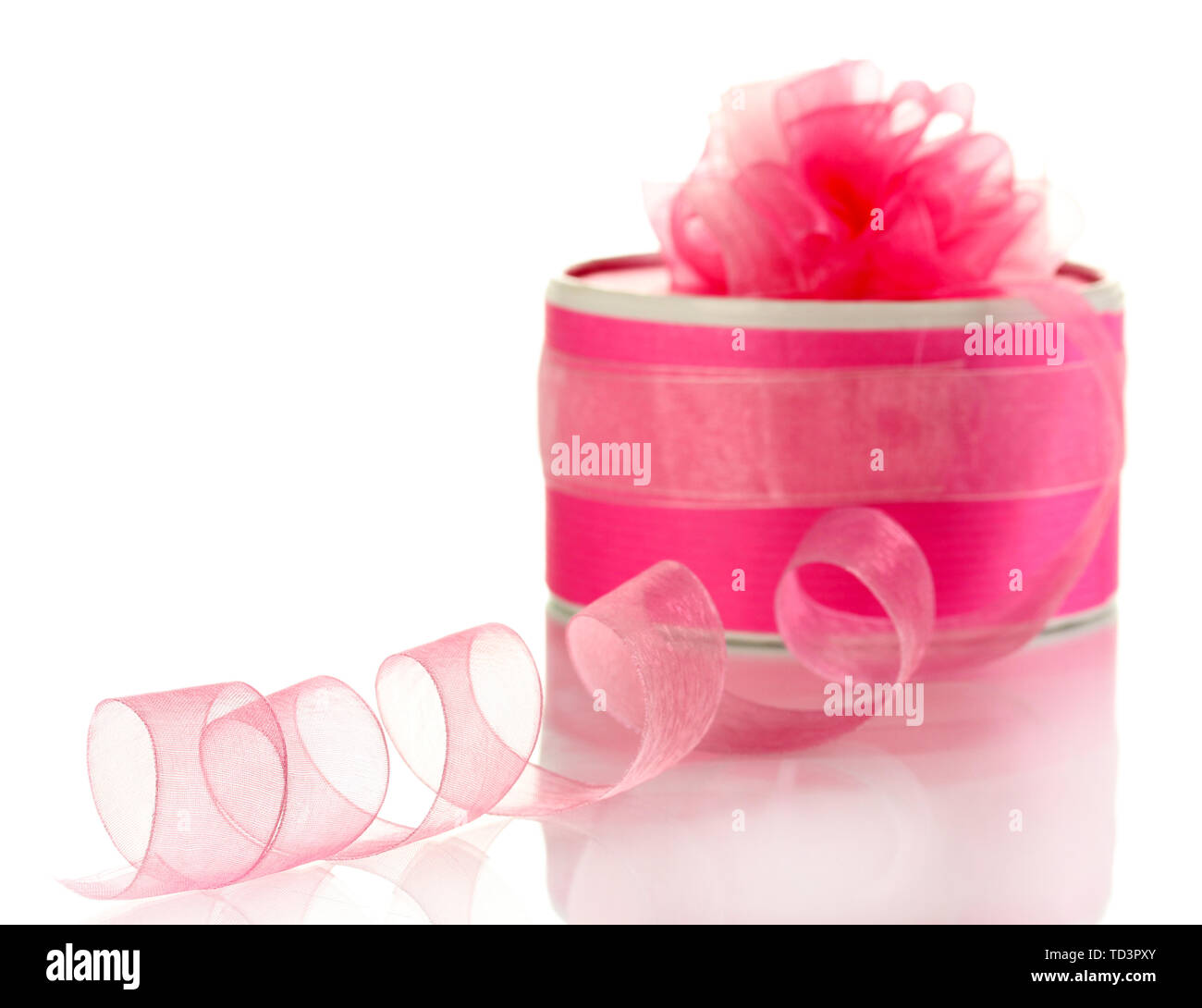 Present box with pink ribbon curl isolated on white Stock Photo - Alamy