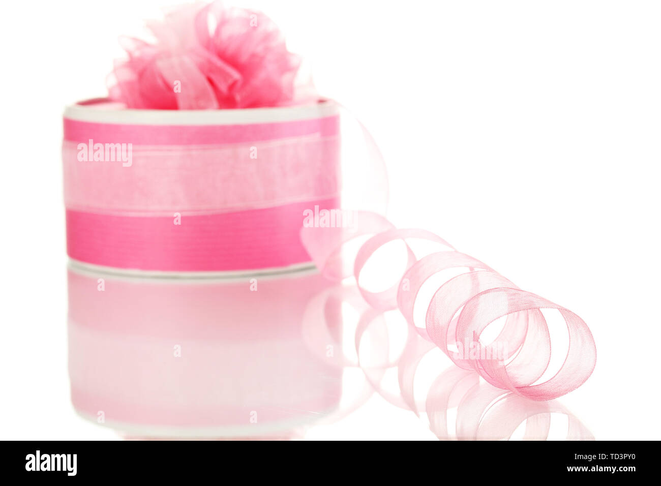 Present box with pink ribbon curl isolated on white Stock Photo - Alamy