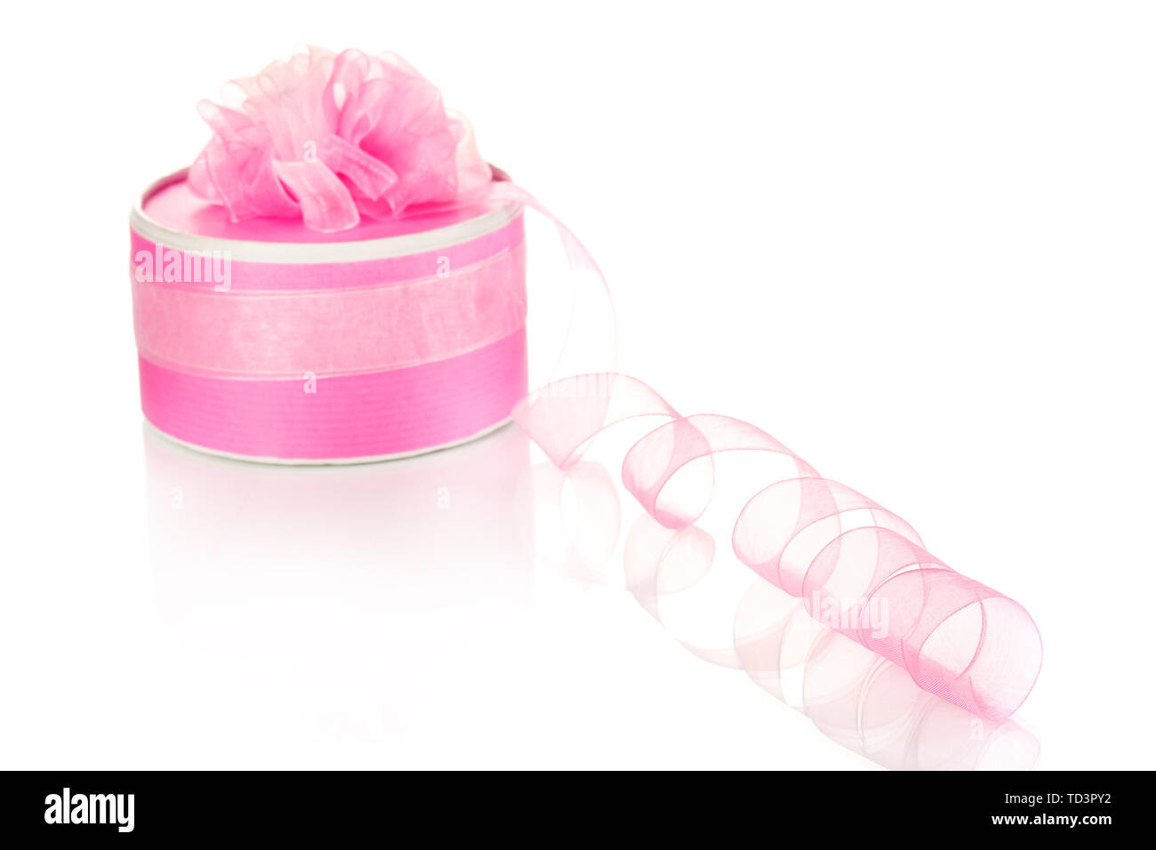 Present box with pink ribbon curl isolated on white Stock Photo - Alamy