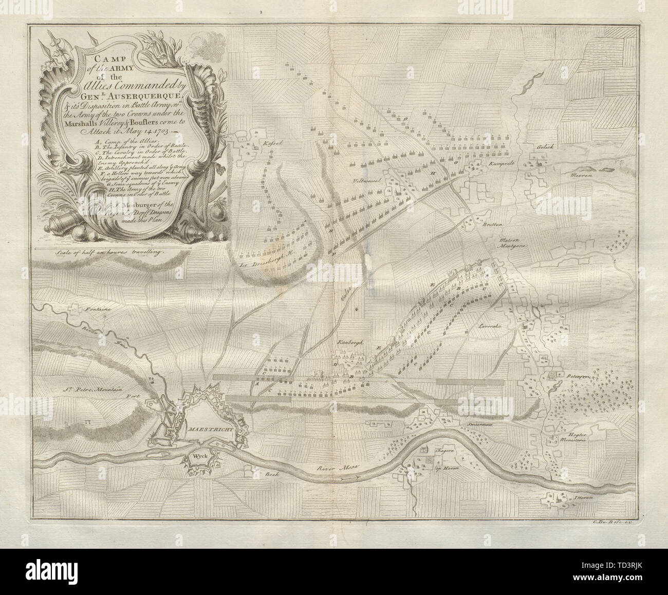Allied camp May 14, 1703. Maastricht, Netherlands. DU BOSC 1736 old map ...
