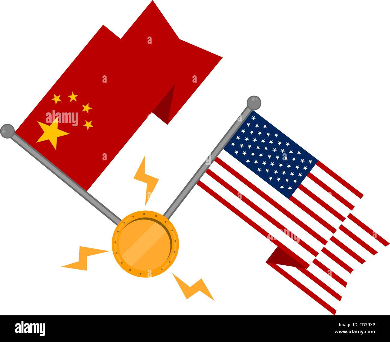 Waving flags of China an United states with a golden coin. Trade war ...