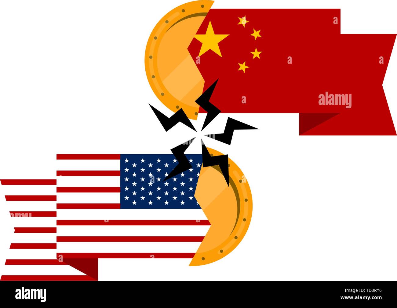 Waving flags of China an United states with a golden coin. Trade war ...