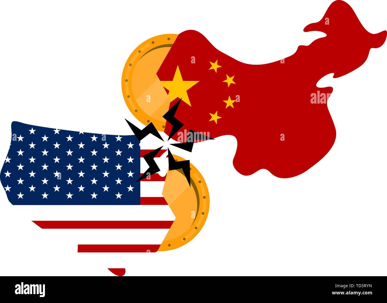 Flags of United States and China in maps shape with a golden coins ...