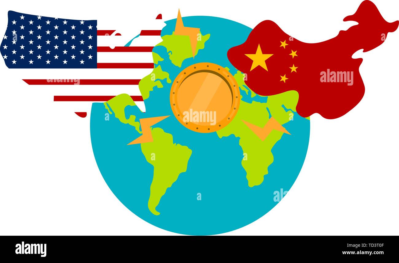 Earth globe with flags of United States and China map shaped. Trade war ...