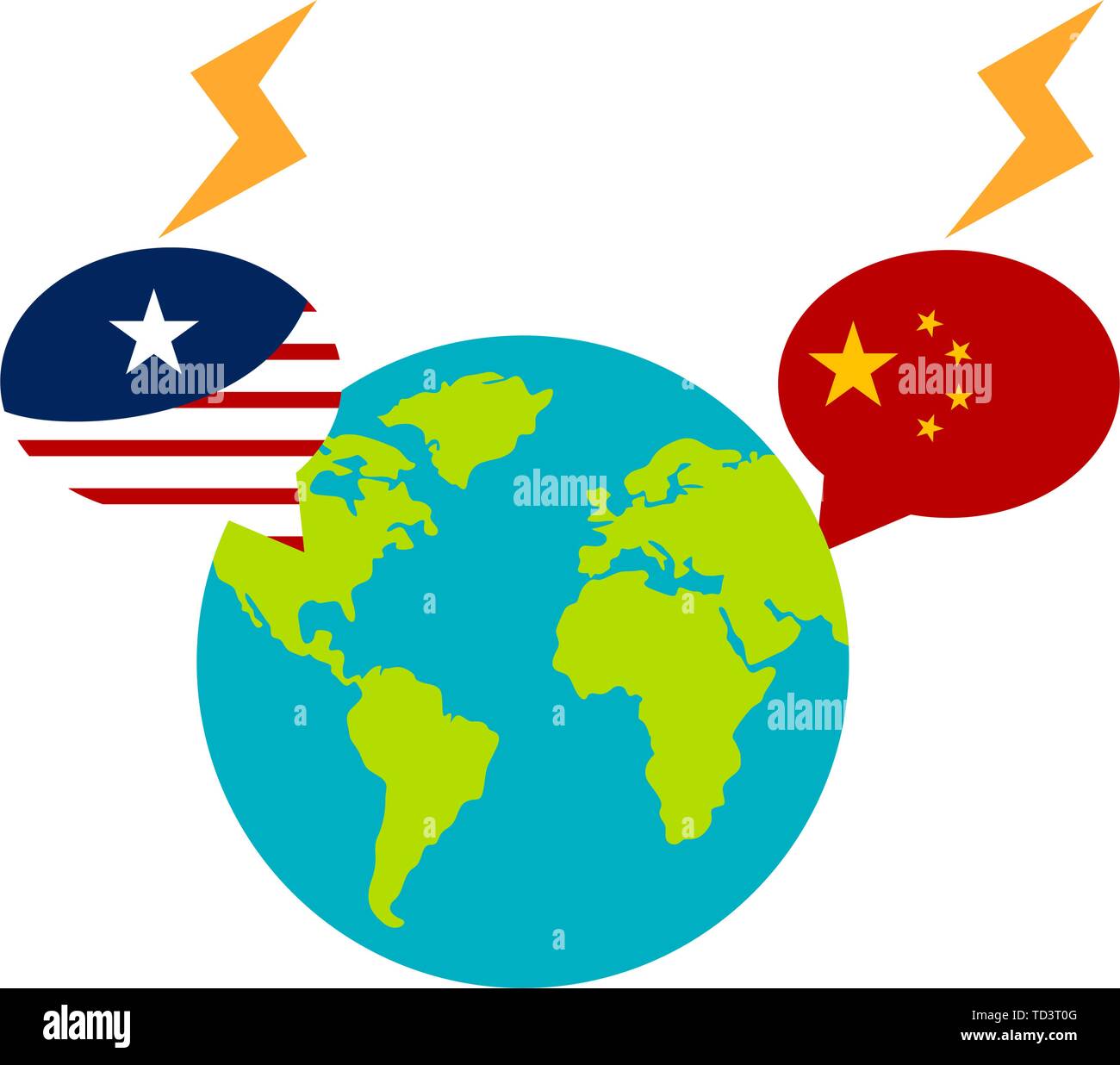 Earth globe with flags of United States and China bubble chat shaped ...
