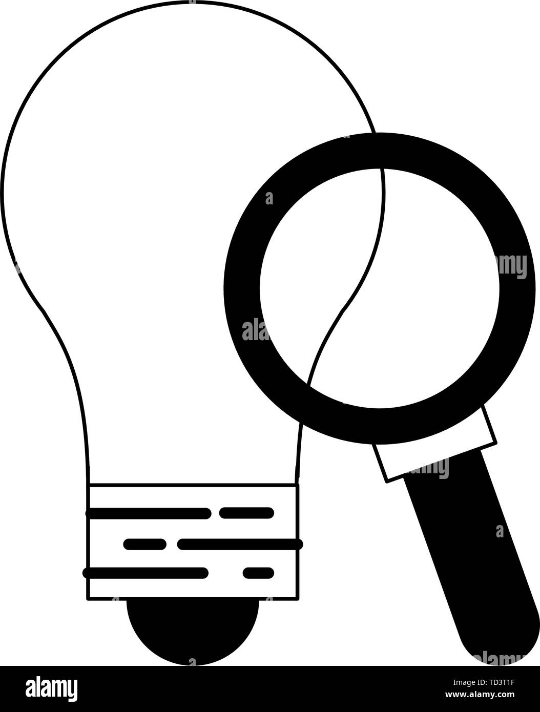 Bulb light and magnifying glass symbols in black and white Stock Vector ...