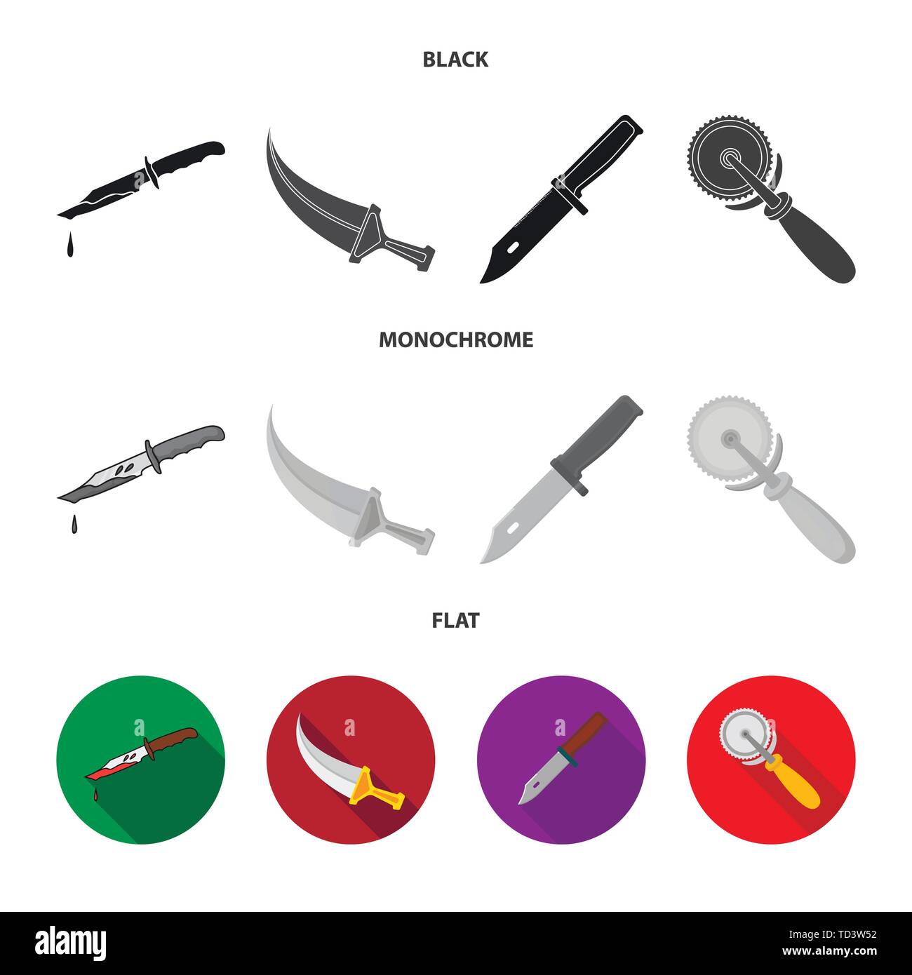 Vector illustration of knife and cut symbol. Collection of knife and ...