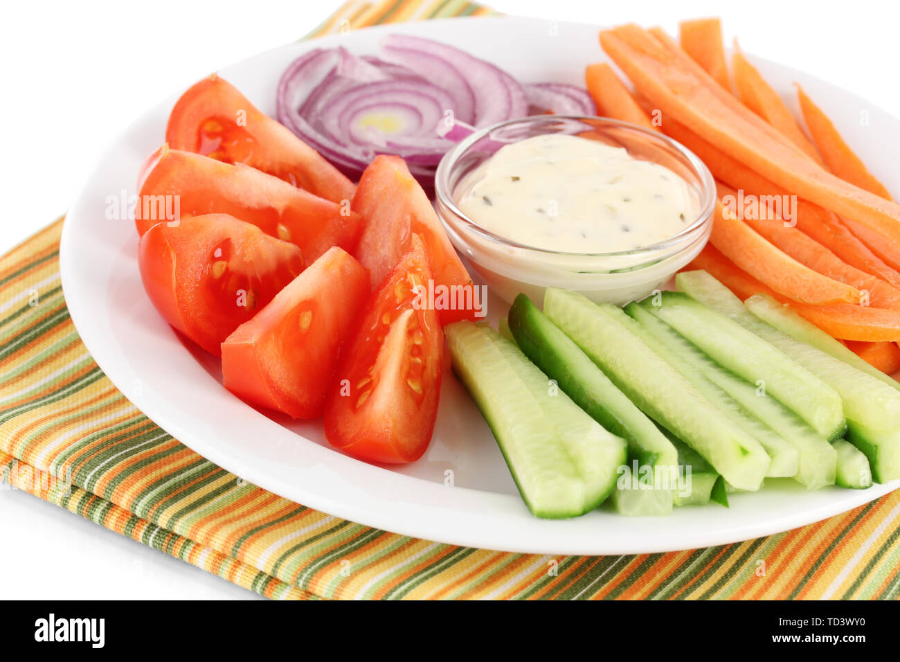 Assorted raw vegetables sticks in plate close up Stock Photo - Alamy