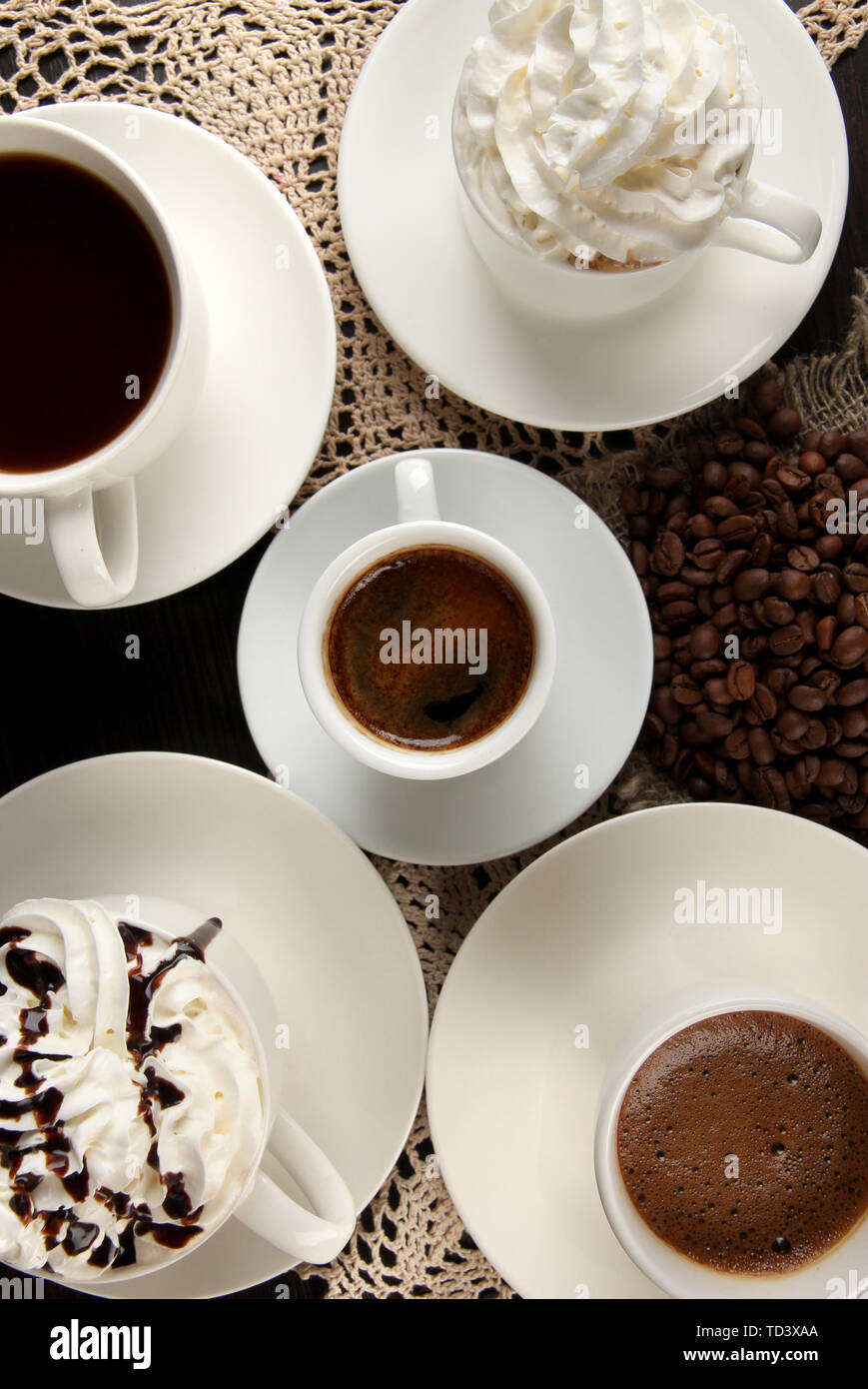 Assortment of different hot coffee drinks close up Stock Photo - Alamy