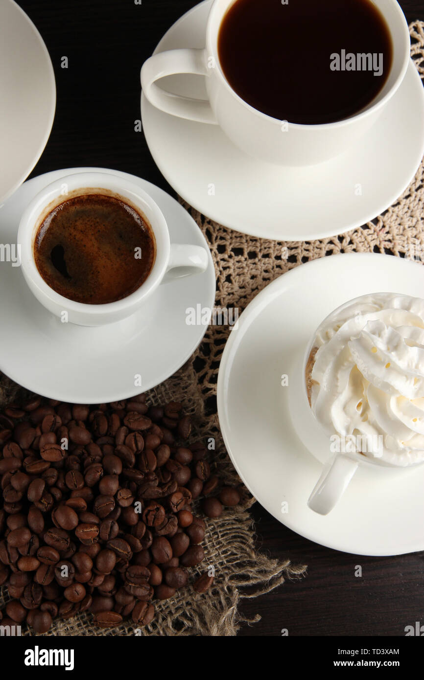 Assortment of different hot coffee drinks close up Stock Photo - Alamy