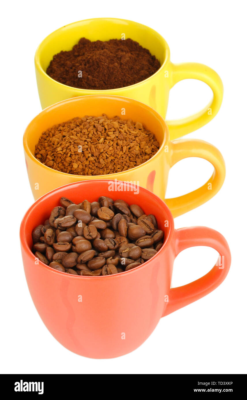 Different types of coffee in three cups isolated on white Stock Photo ...