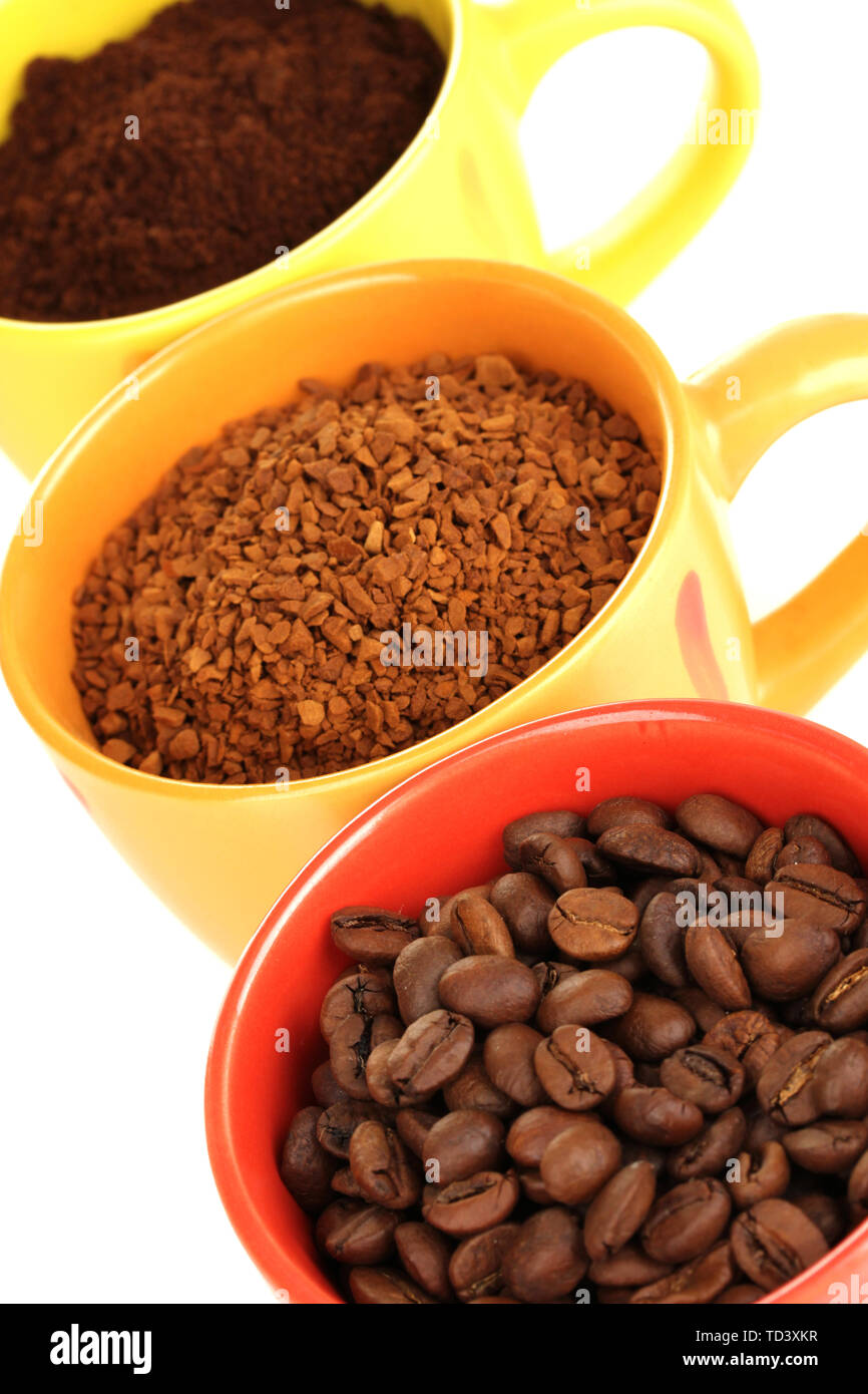 Different types of coffee in three cups isolated on white Stock Photo ...