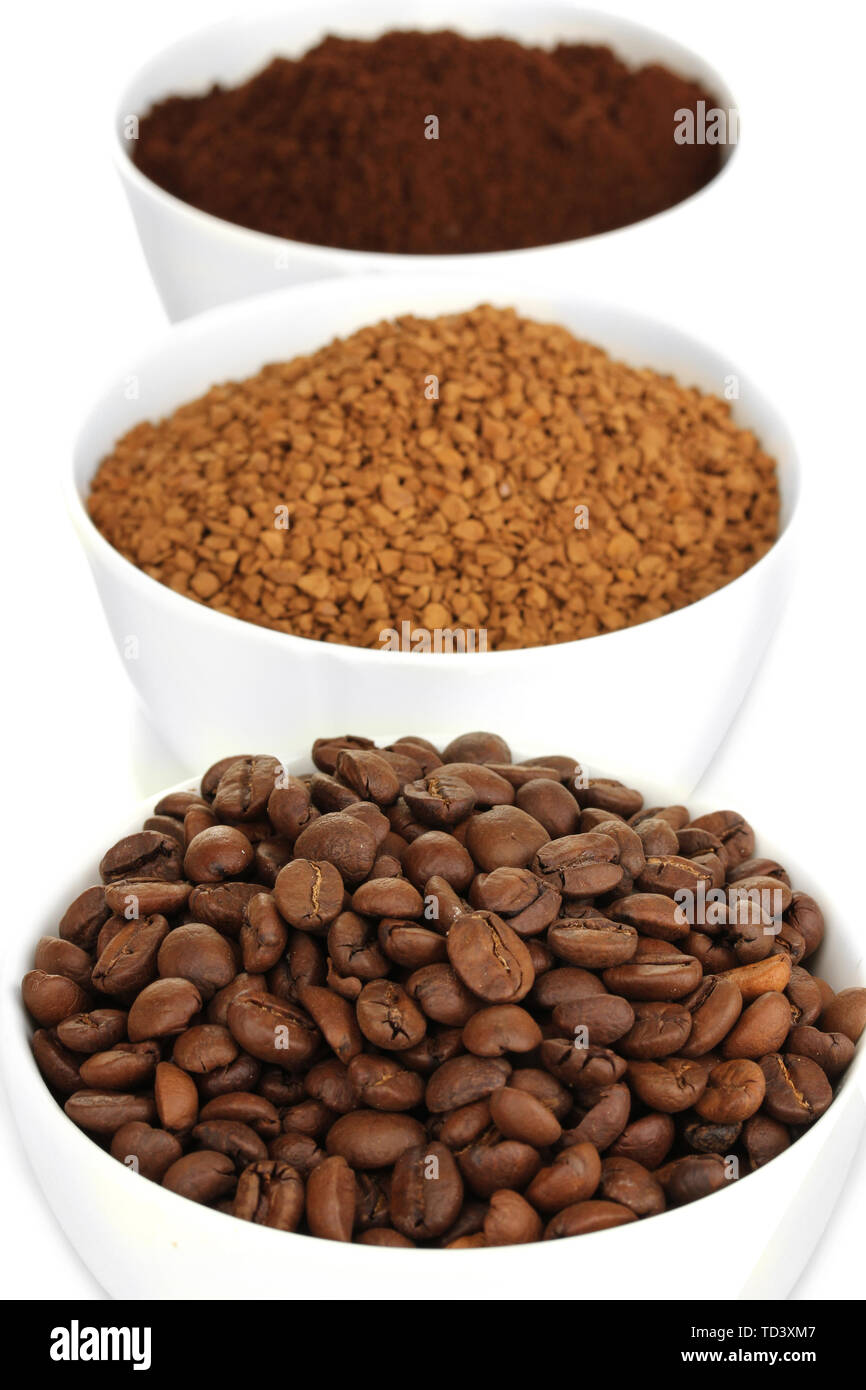 Different types of coffee in three cups isolated on white Stock Photo ...