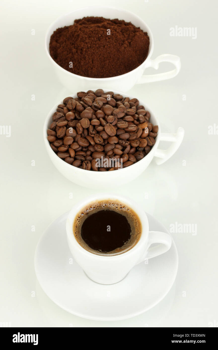 Different types of coffee in three cups isolated on white Stock Photo ...