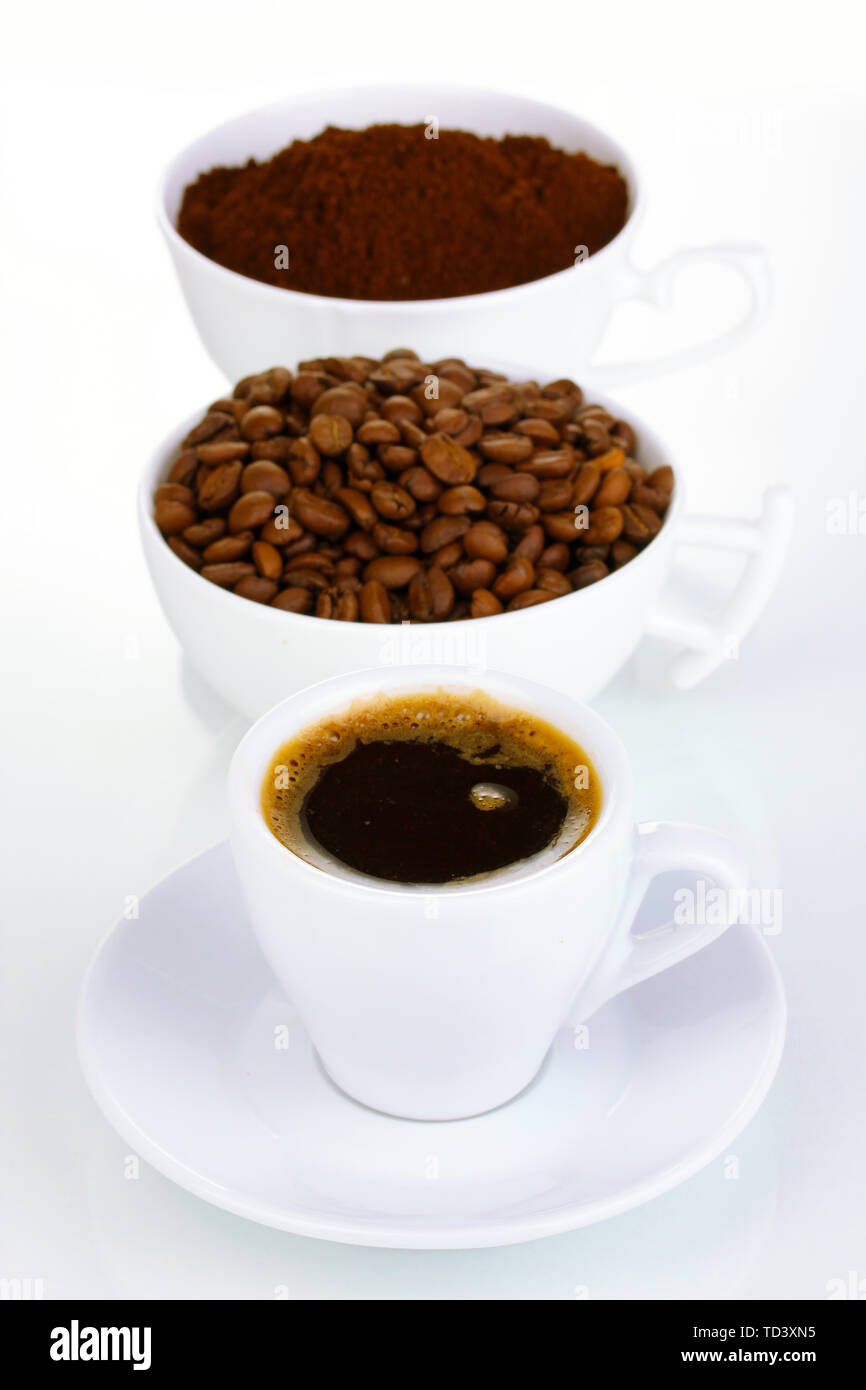 Different types of coffee in three cups isolated on white Stock Photo ...