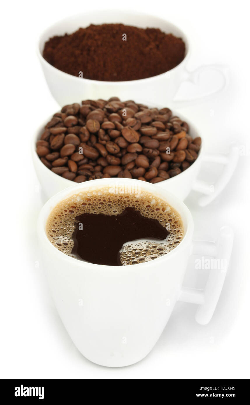 Different types of coffee in three cups isolated on white Stock Photo ...