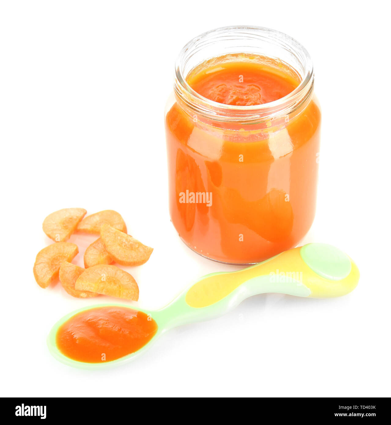 Baby puree with carrot isolated on white Stock Photo - Alamy