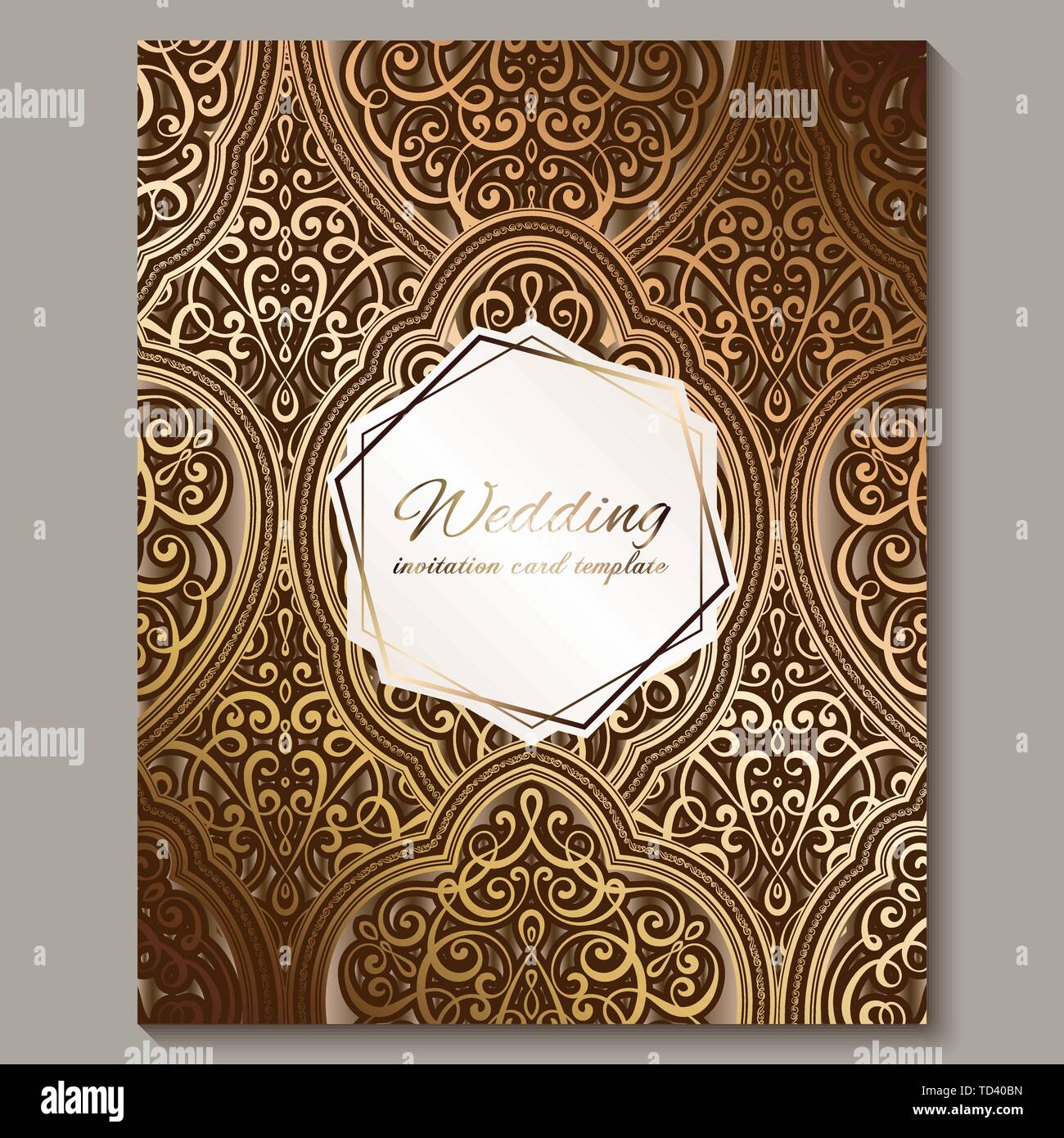Wedding invitation card with bronze and gold shiny eastern and baroque ...
