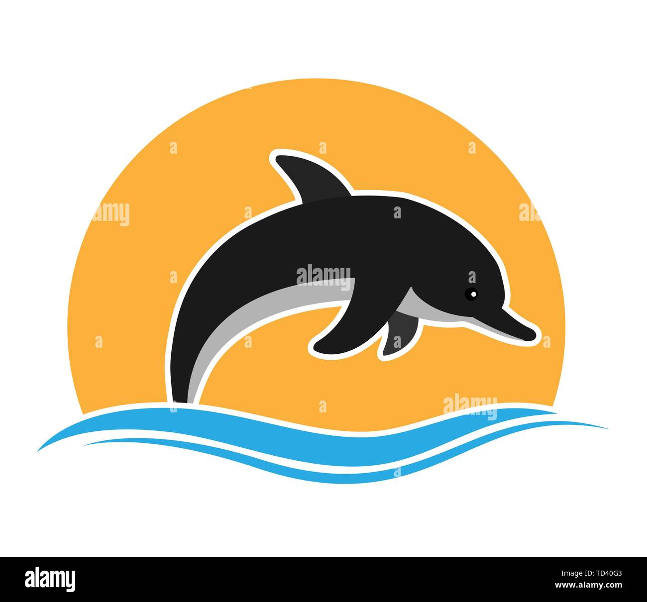 Dolphin against the sun and waves. Flat design for logo and decoration ...
