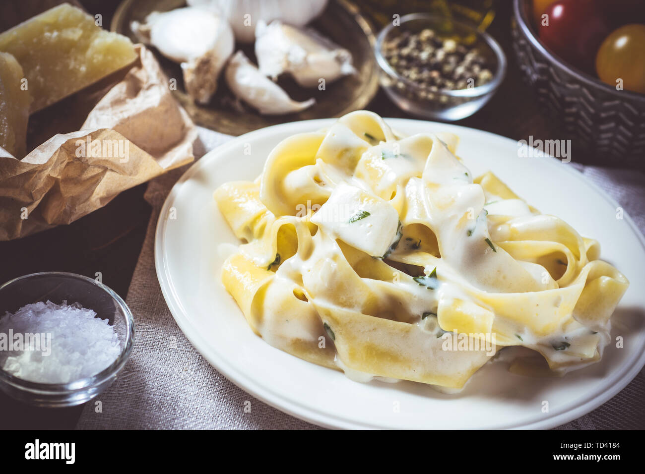 Old Recipe Traditional Italian Alfredo Pasta Plate with Creamy Cheese ...