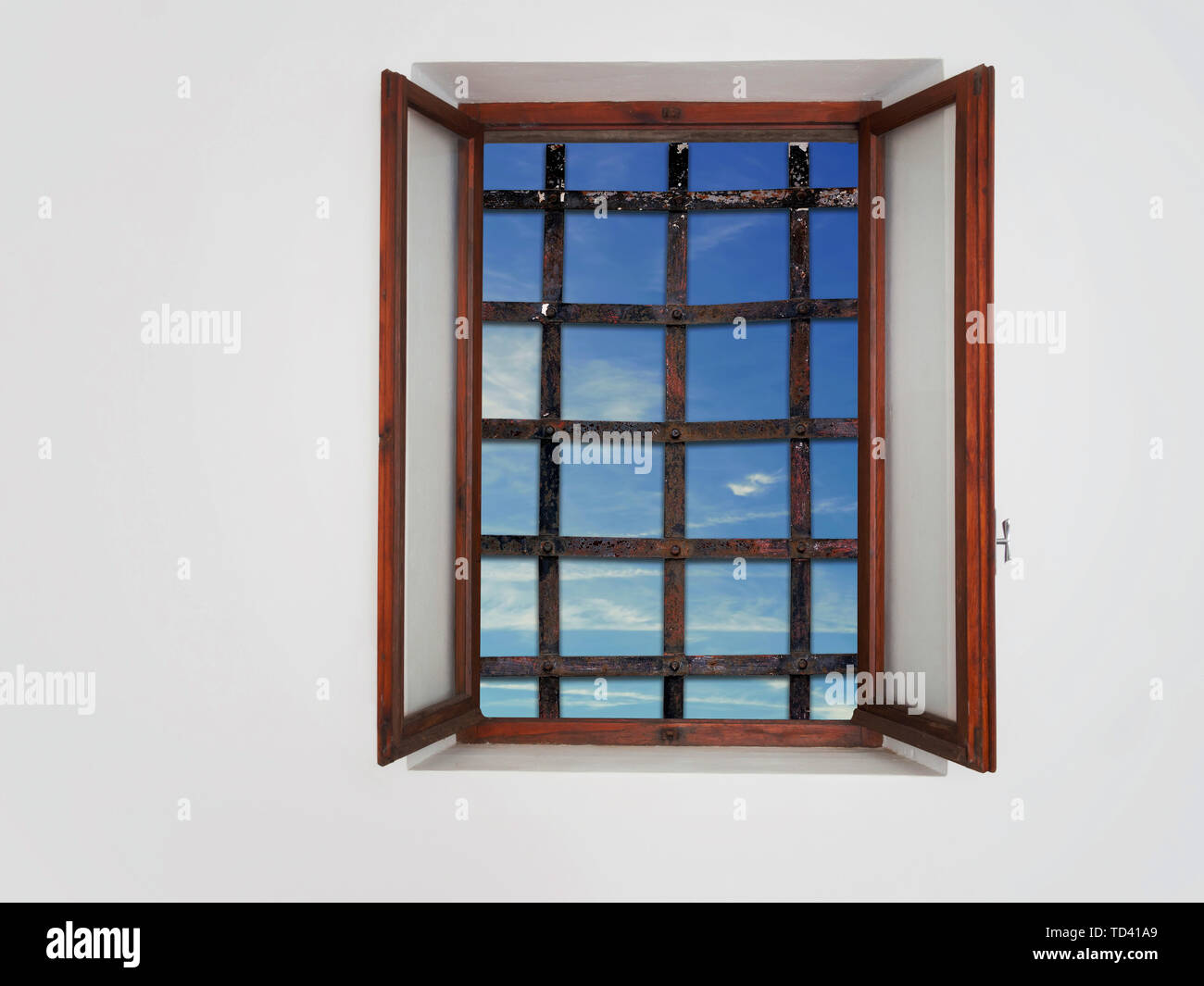 Barred window, no escape. Mental health or captive trap concept. Old ...