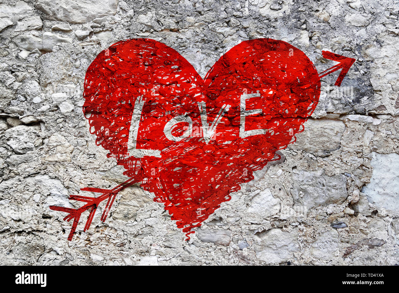 Drawing of abstract heart pierced by an arrow with word "Love" on ...
