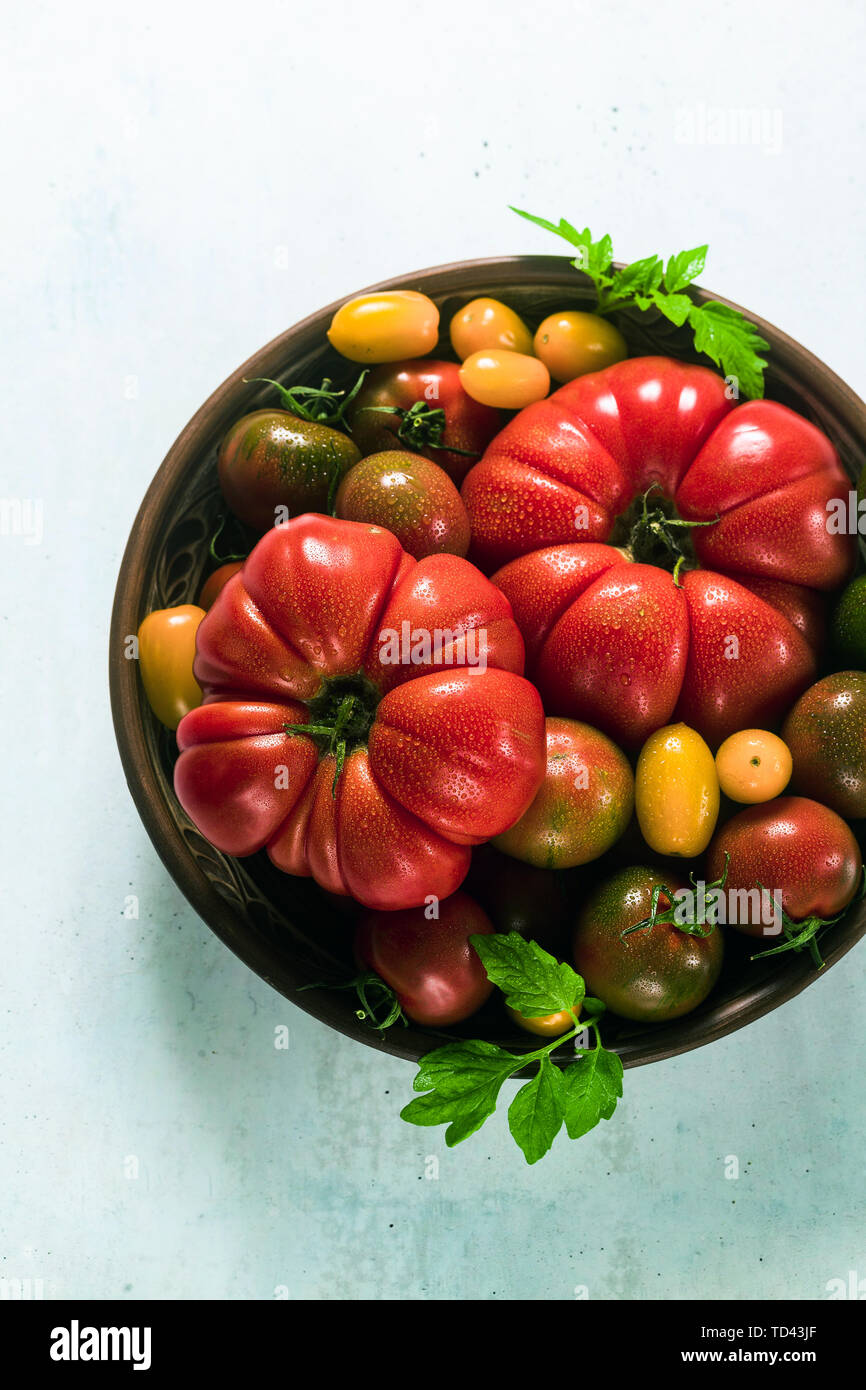 multicolored tomatoes of different colors, shapes and sizes in a clay ...