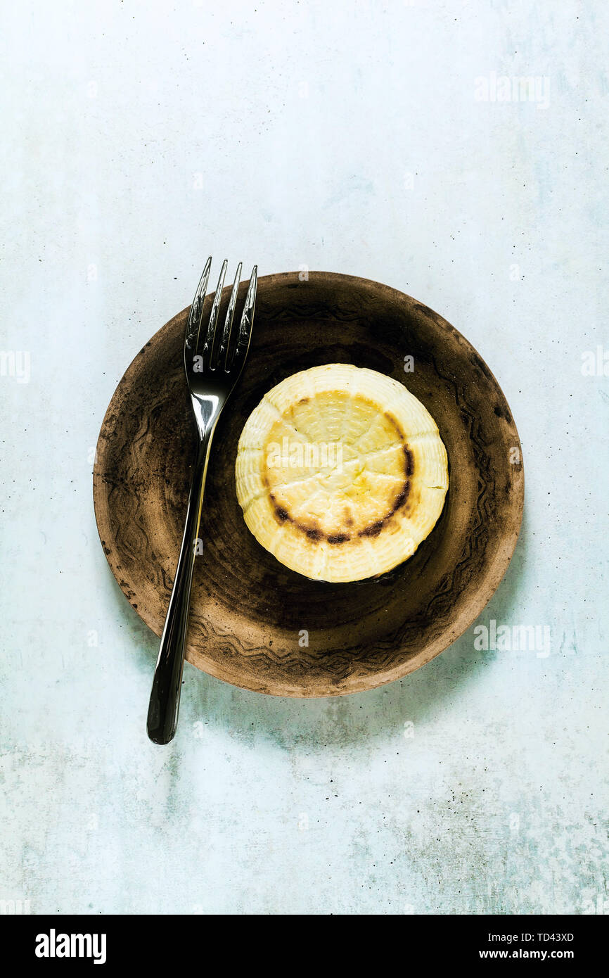 Oven baked ricotta cheese on a clay plate and fork. basic cooking ...