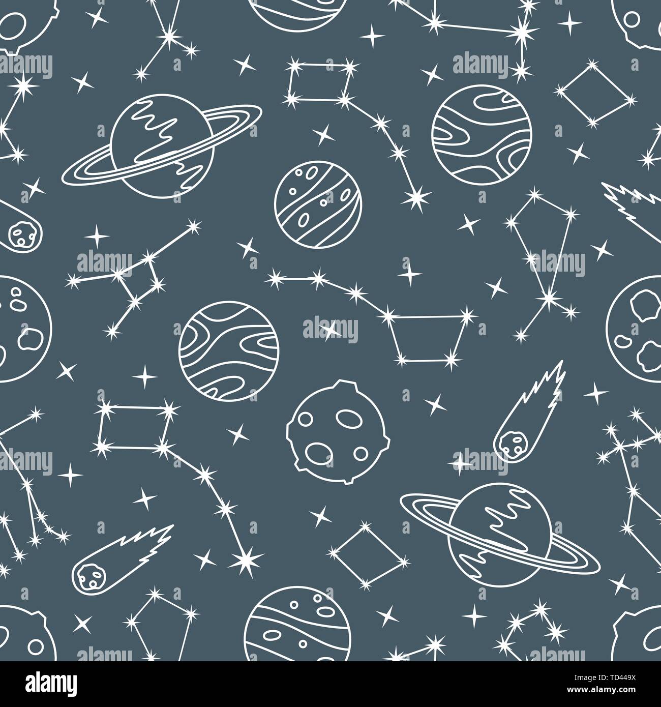 Seamless vector pattern with constellations, planets, Saturn, comet ...