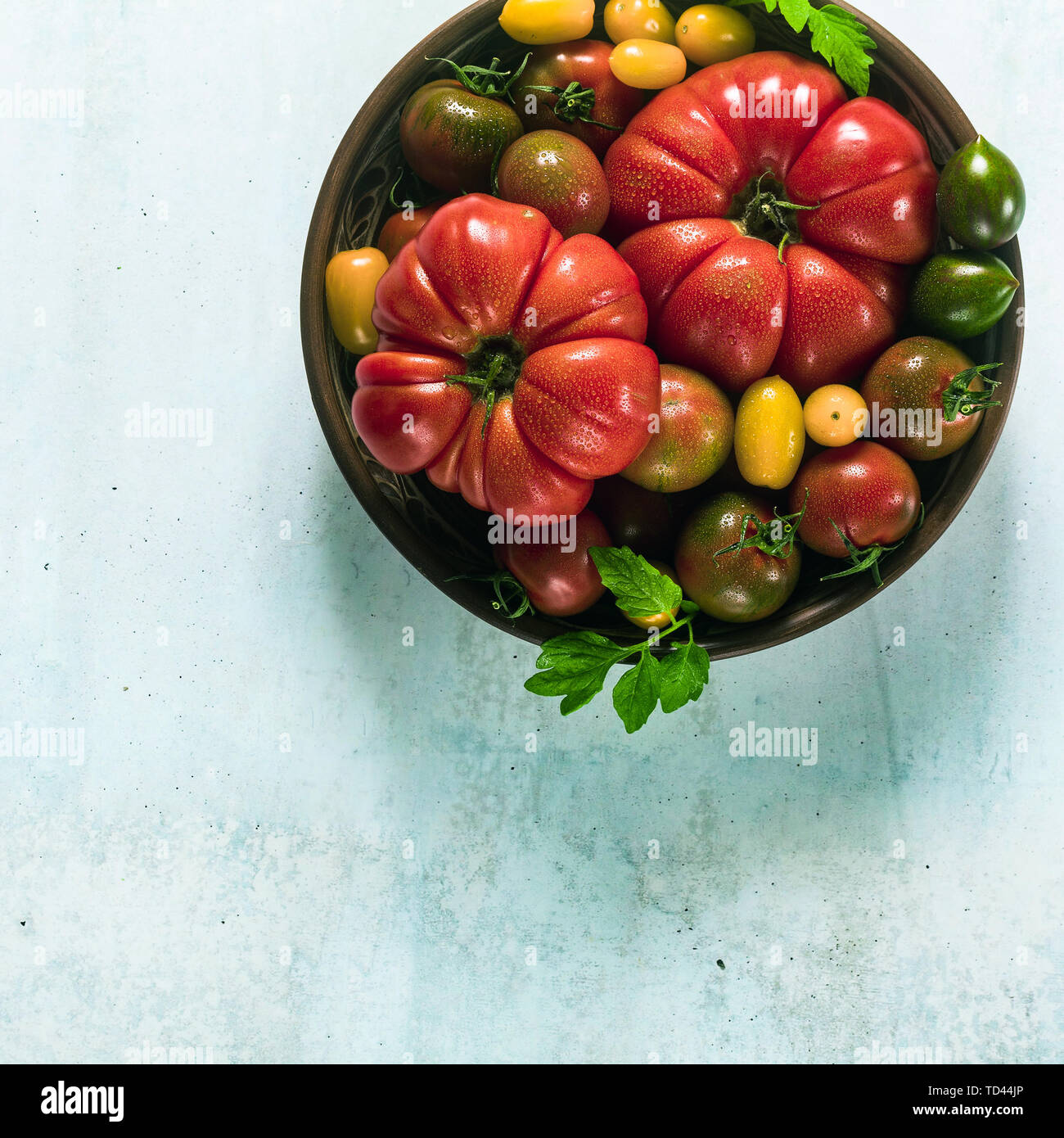 multicolored tomatoes of different colors, shapes and sizes in a clay ...