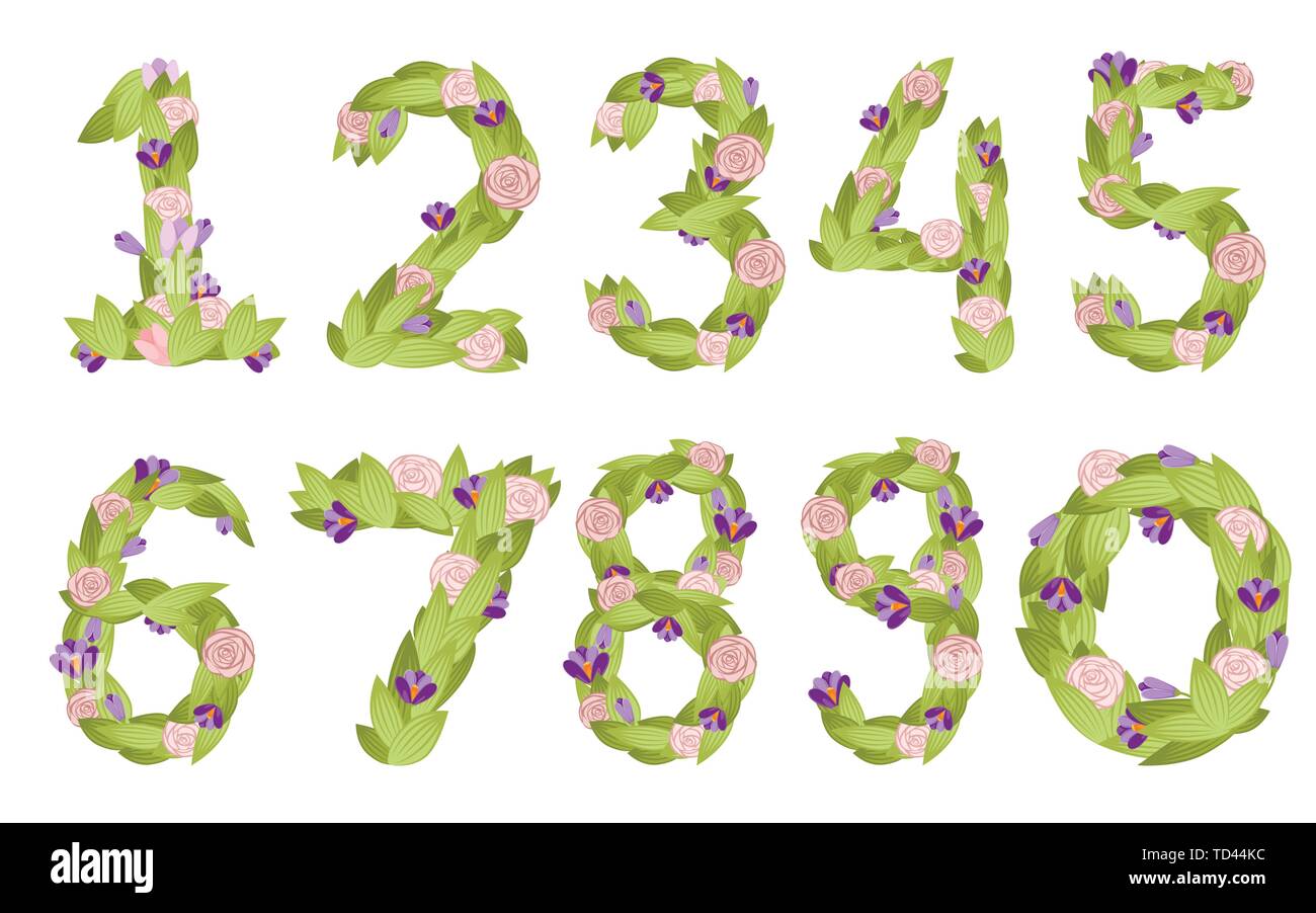 Set of numbers. Cartoon flower font design. Number 0 to 9 with flowers ...