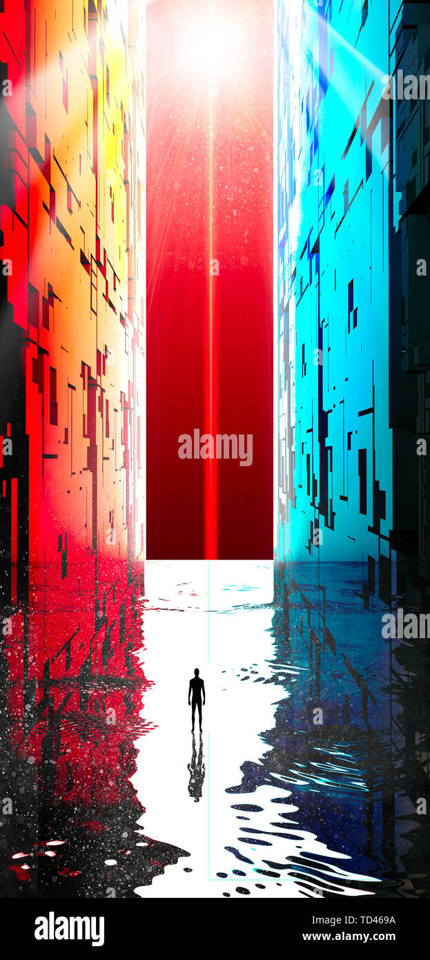 Fantasy landscape, fissure, darkness, light, sun, people in backlight ...