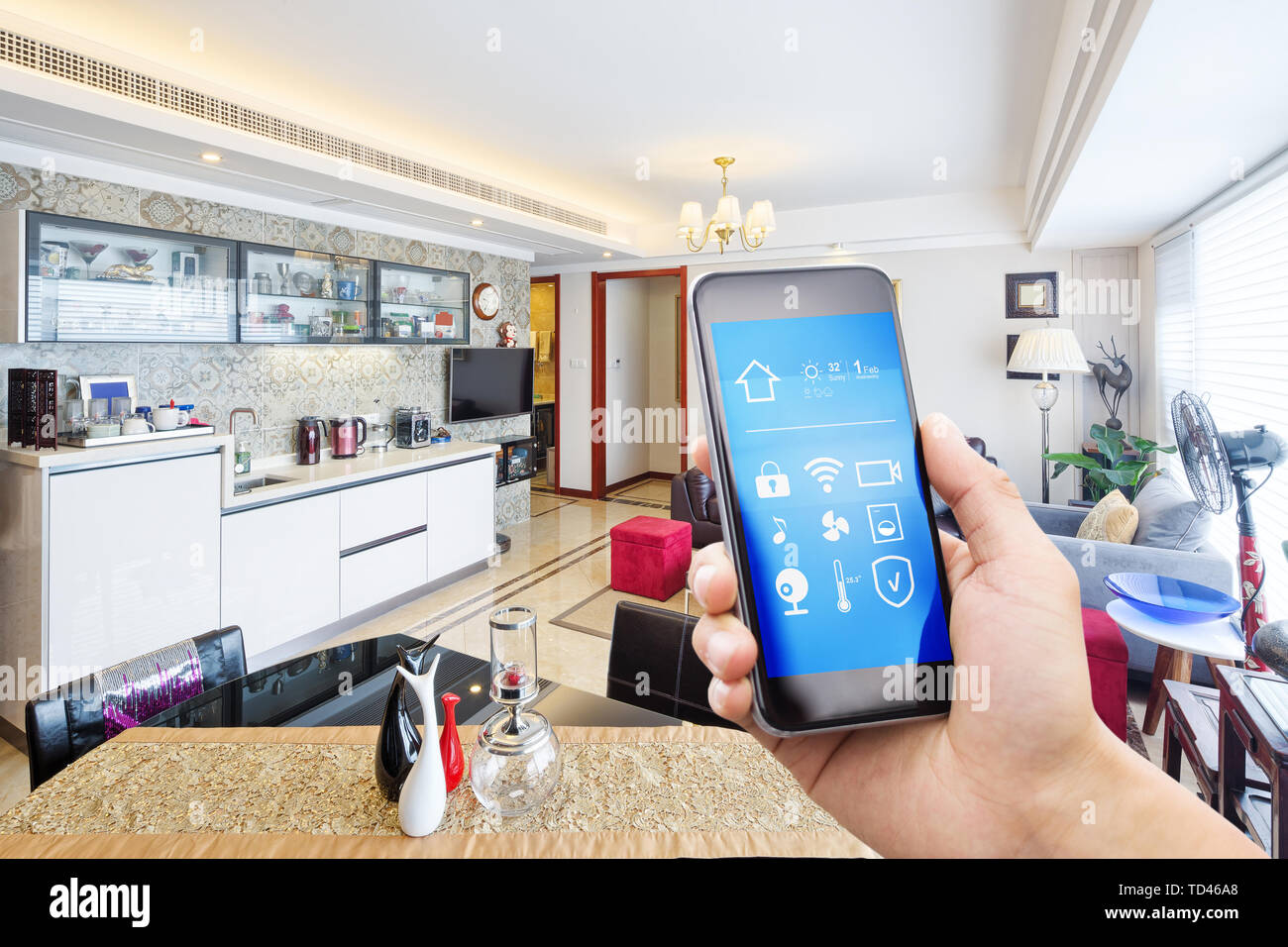 smart phone with smart home with modern living room Stock Photo - Alamy